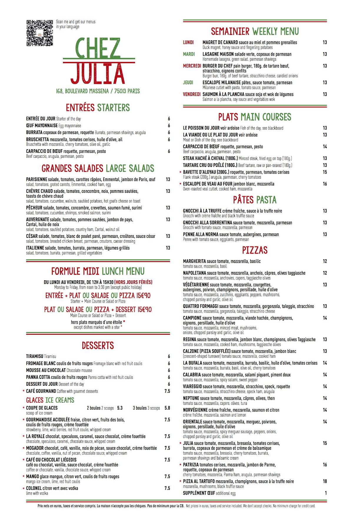 Menu au Chez Julia restaurant, Paris, 168 Bd Masséna