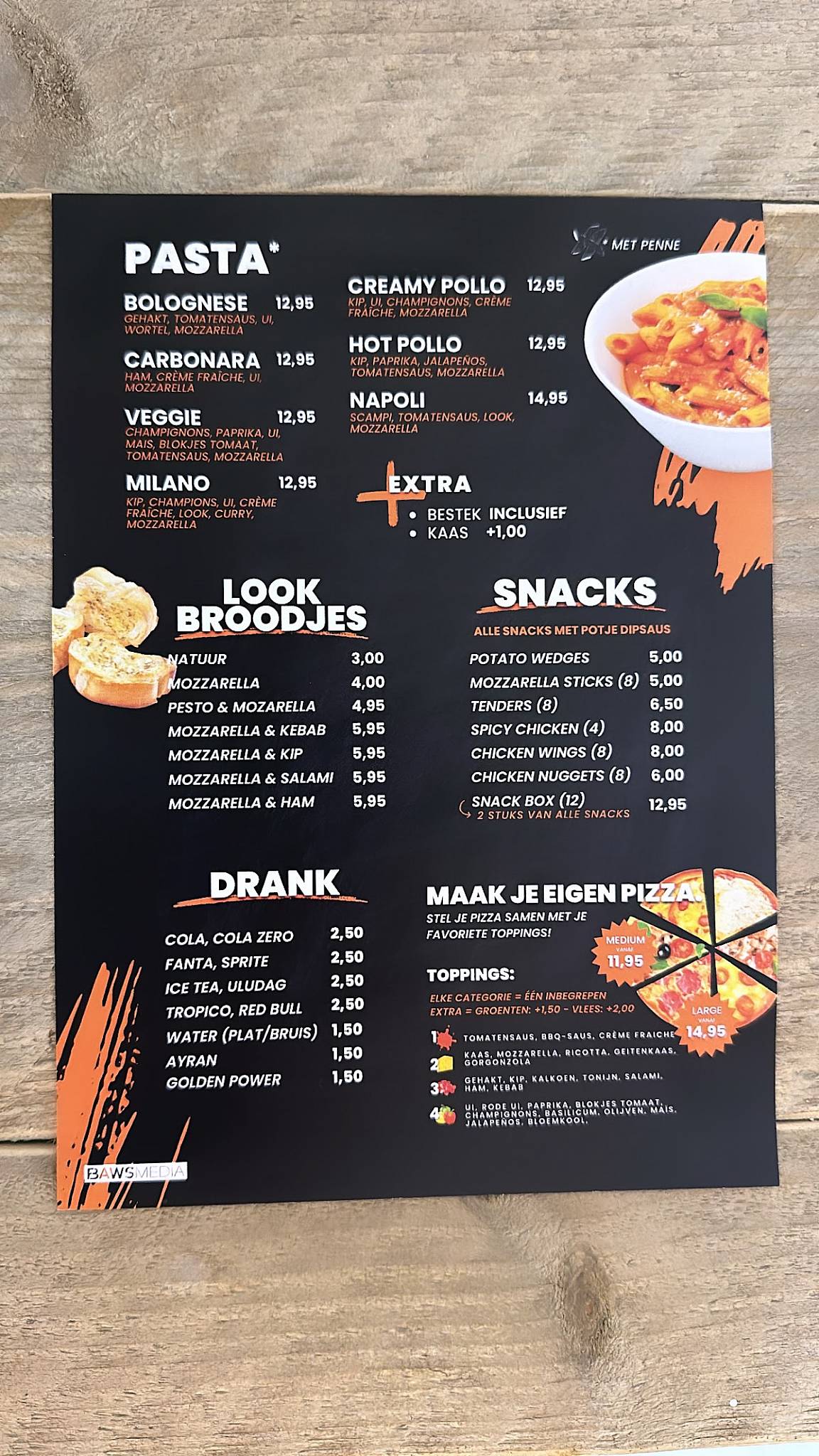 Menu au Pizza Royale 9000, Gand