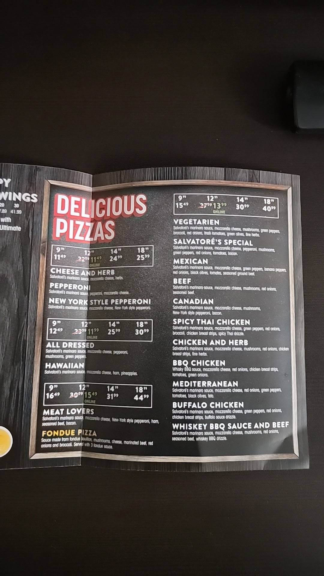Menu at Pizza Salvatoré pizzeria, Bathurst