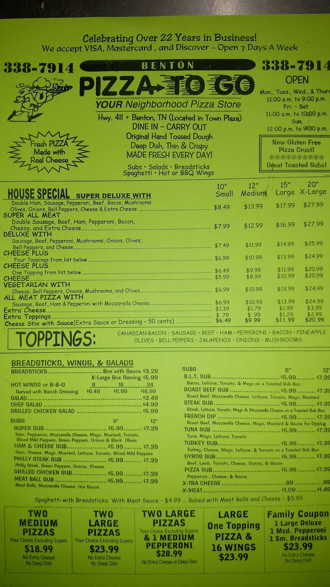 Menu at Chester’s Pizza & Subs To Go pizzeria, Benton