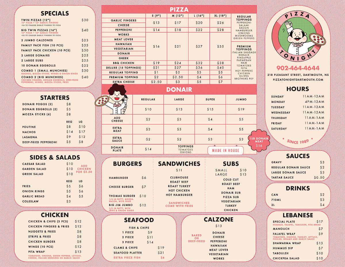 Menu at Pizza Tonight pizzeria, Dartmouth