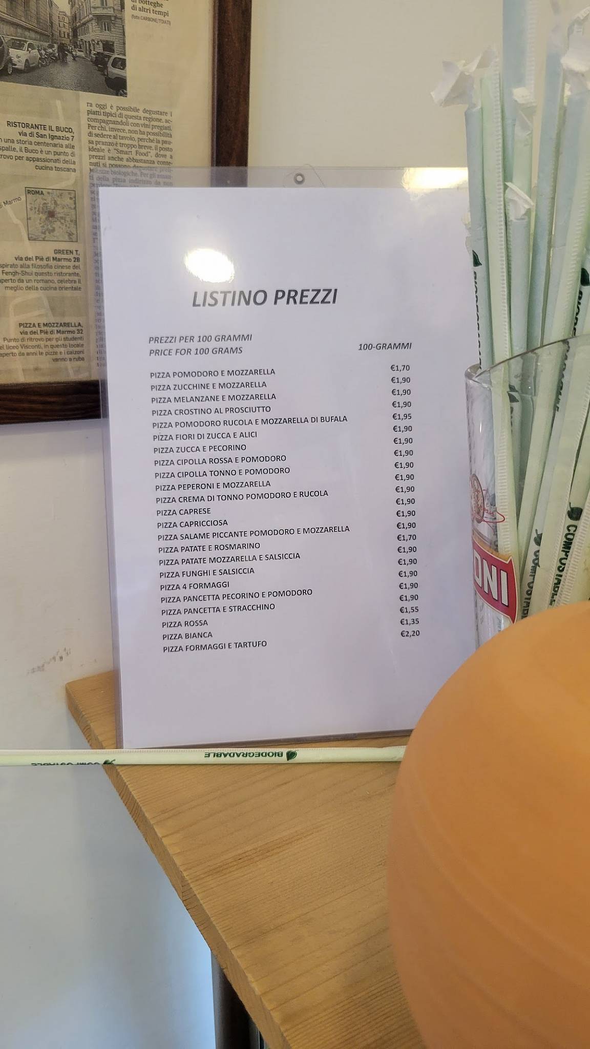 Menu at Pizza e Mozzarella pizzeria, Rome