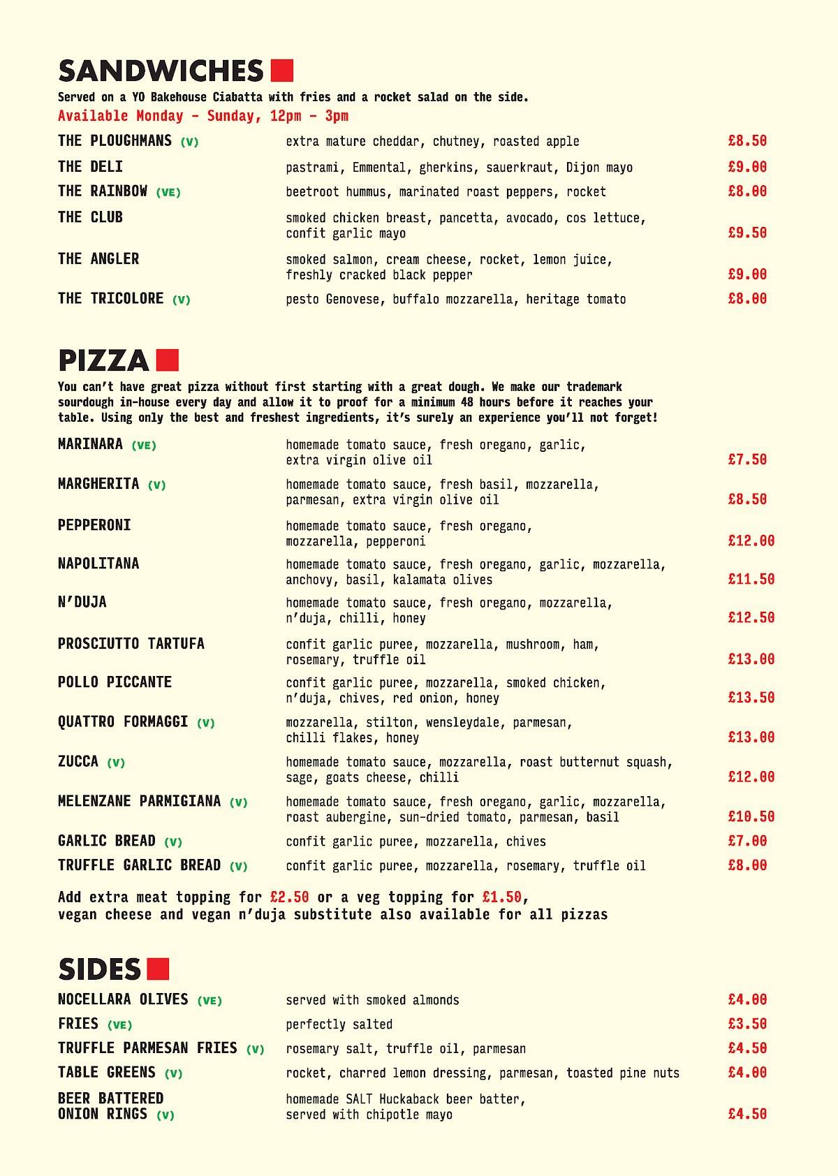 Menu at Pizza on the Square pub & bar, Malton