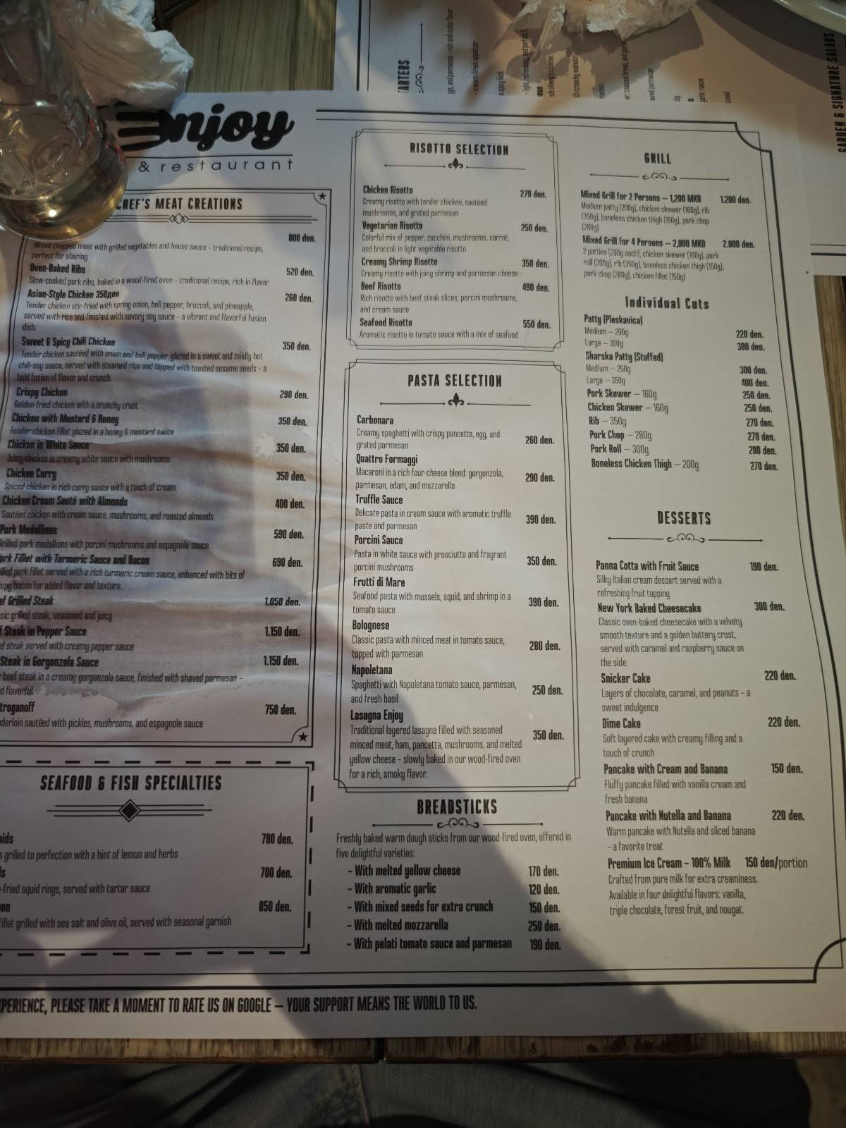 Menu at Pizza-restaurant Enjoy, Gevgelija, 7-mi Noemvri 41
