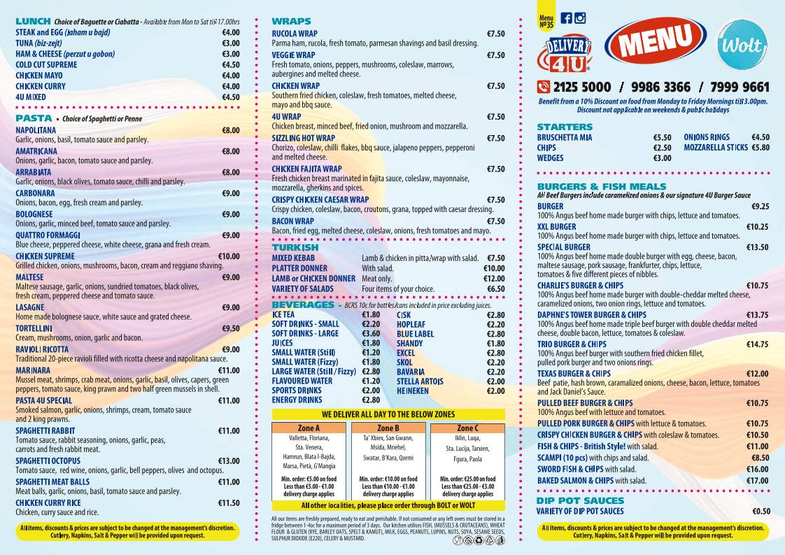 Menu at Pizza4U Delivery and Takeaway restaurant, Hamrun