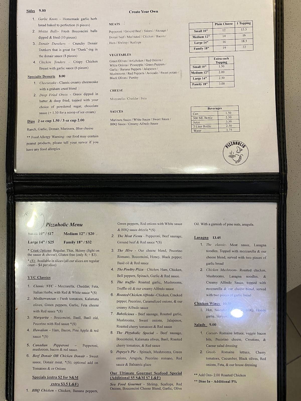 Menu at Pizzaholic pizzeria, Calgary