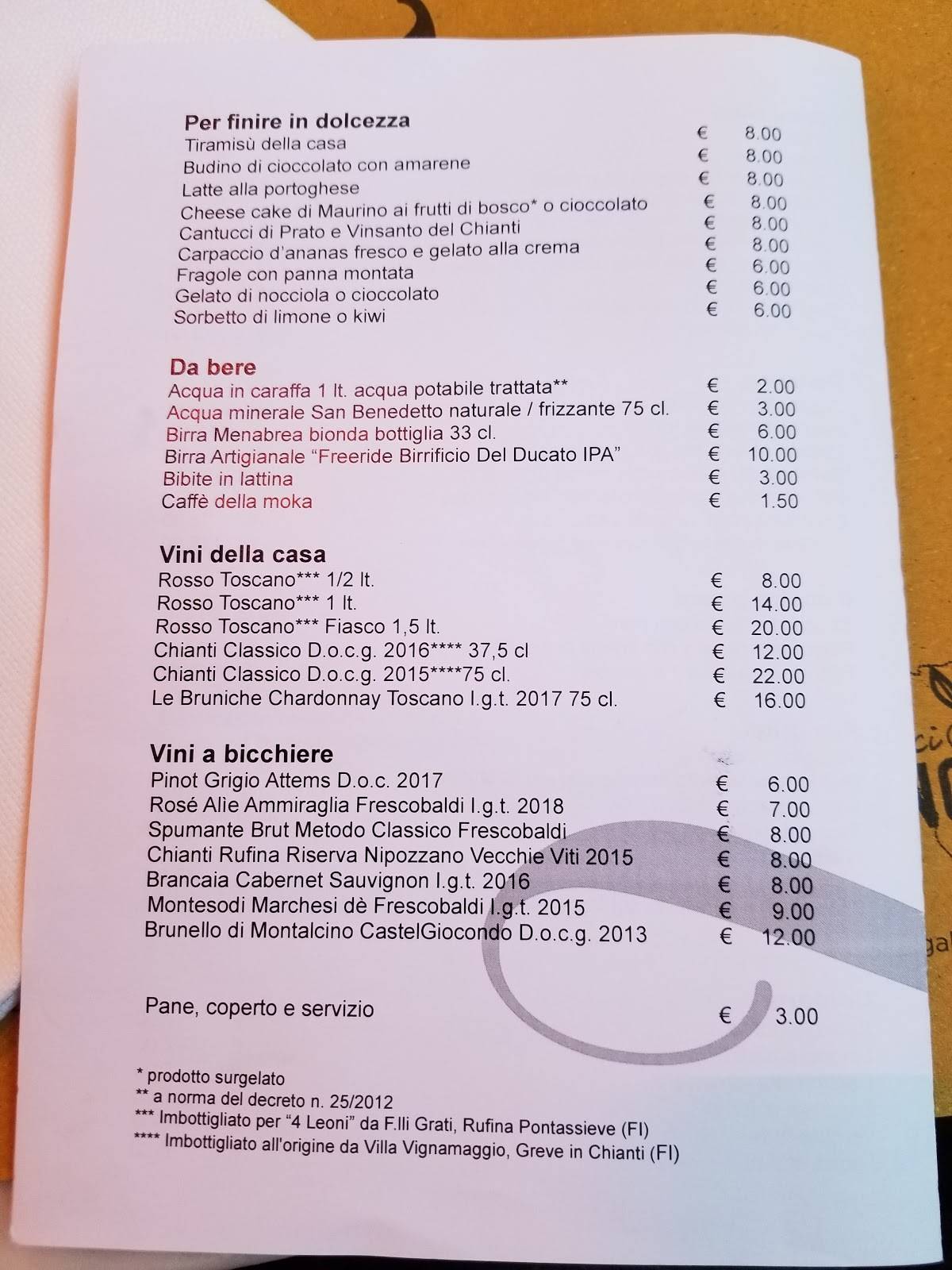 Menu at 4 Leoni pizzeria, Florence, Via dei Vellutini