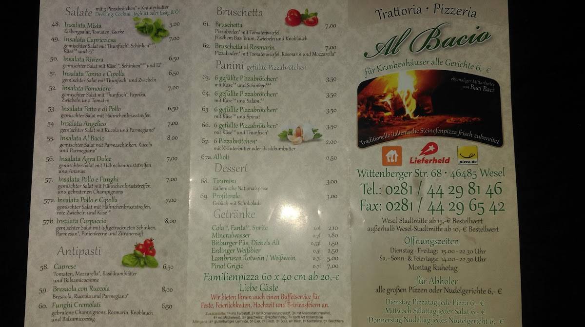 Speisekarte von Pizzeria Al Bacio, Wesel, Wittenberger Str. 68