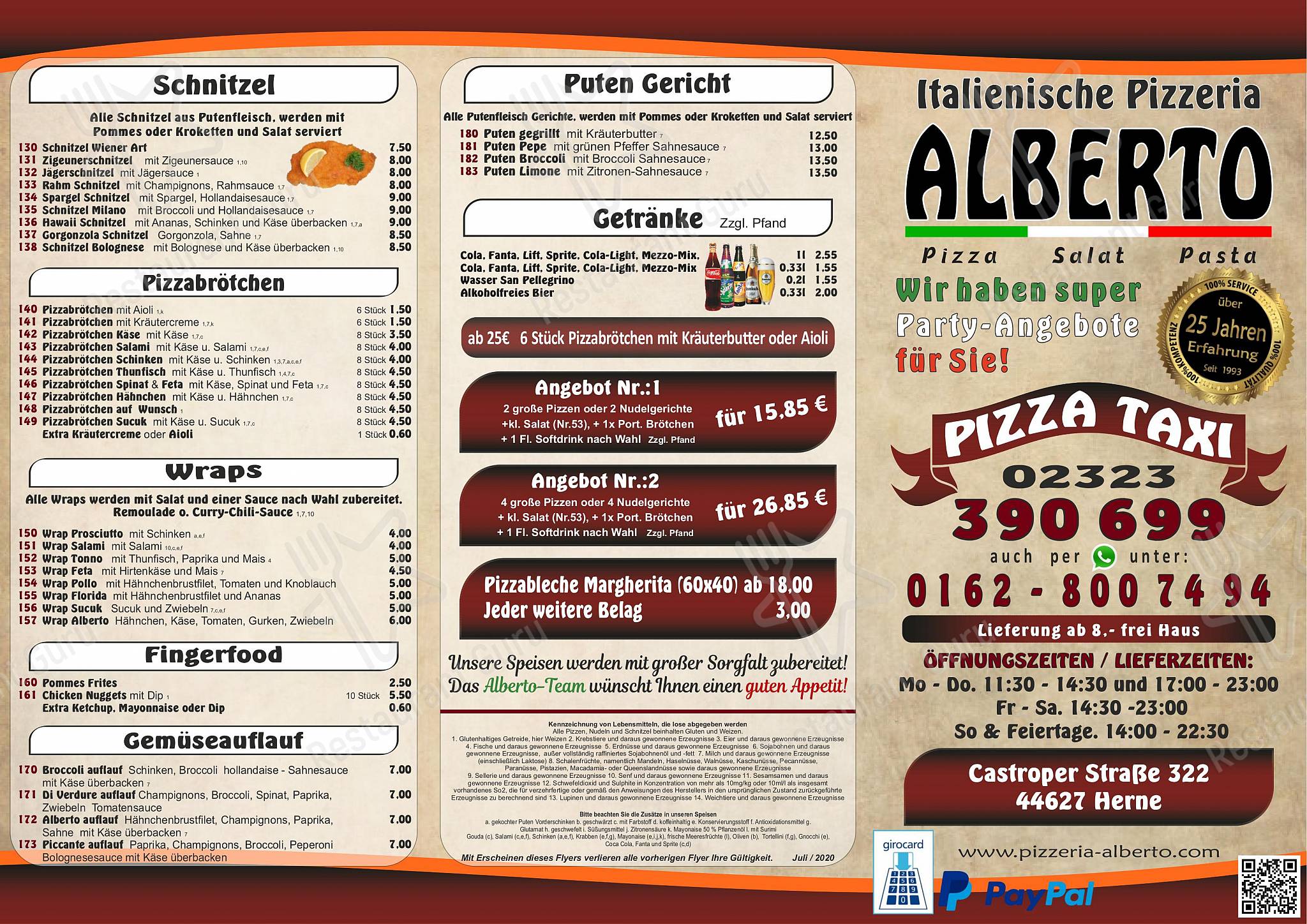 Speisekarte von Pizzeria Alberto, Herne