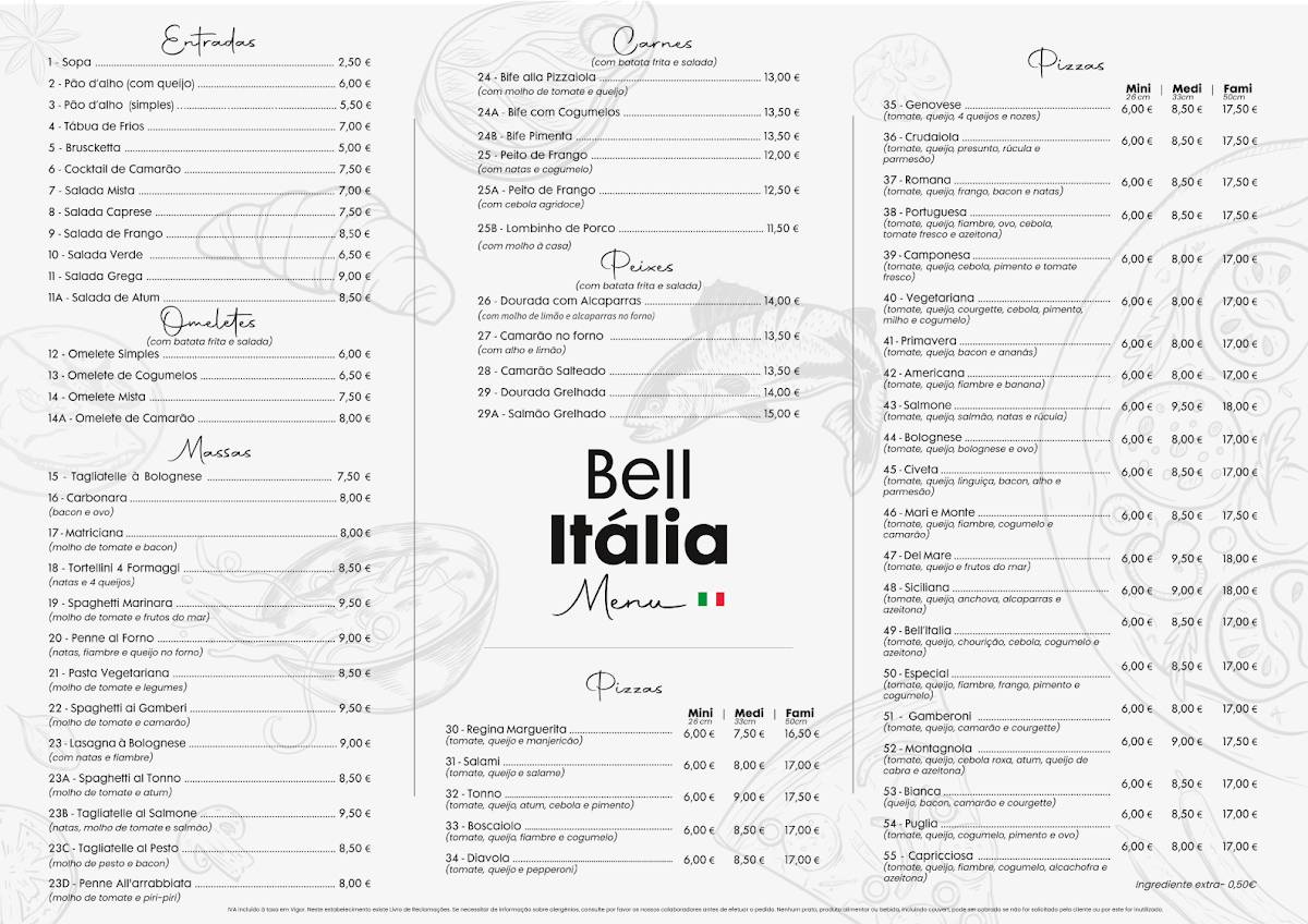 Menu at Pizzeria Bell'Itália, Lagos