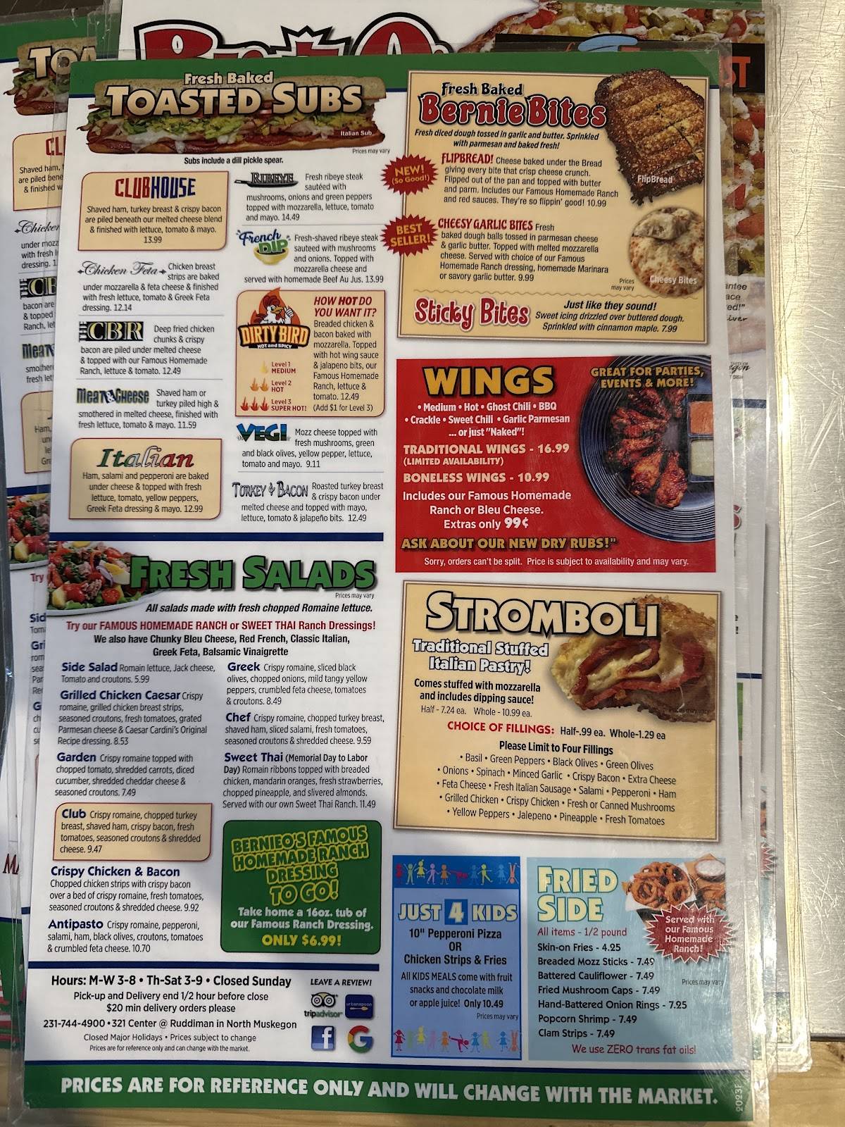 Menu at Bernie O's Pizza pizzeria, North Muskegon, 321 Center St