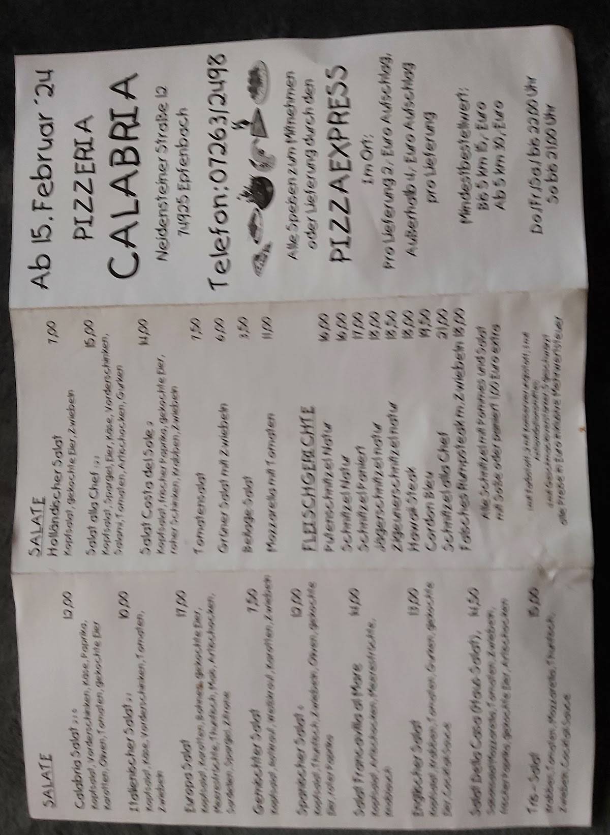Speisekarte von Pizzeria Calabria Pizzaexpress, Epfenbach