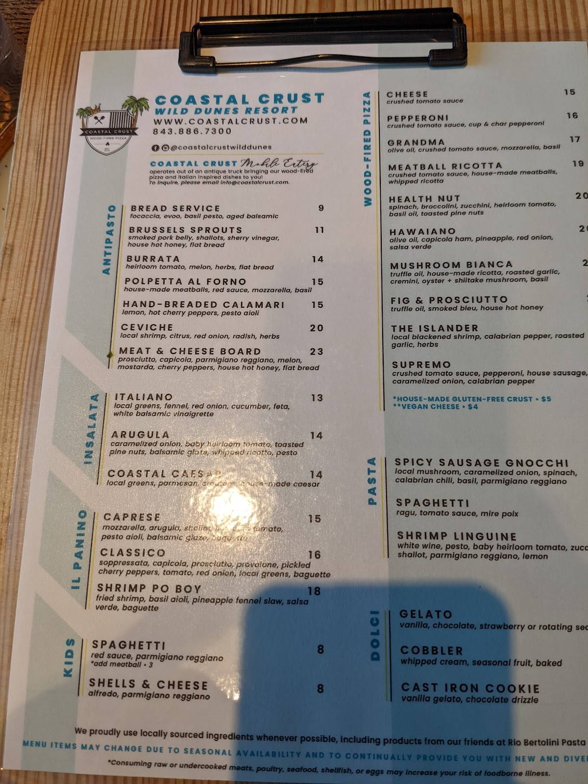 Menu at Coastal Crust at Wild Dunes pizzeria, Isle of Palms