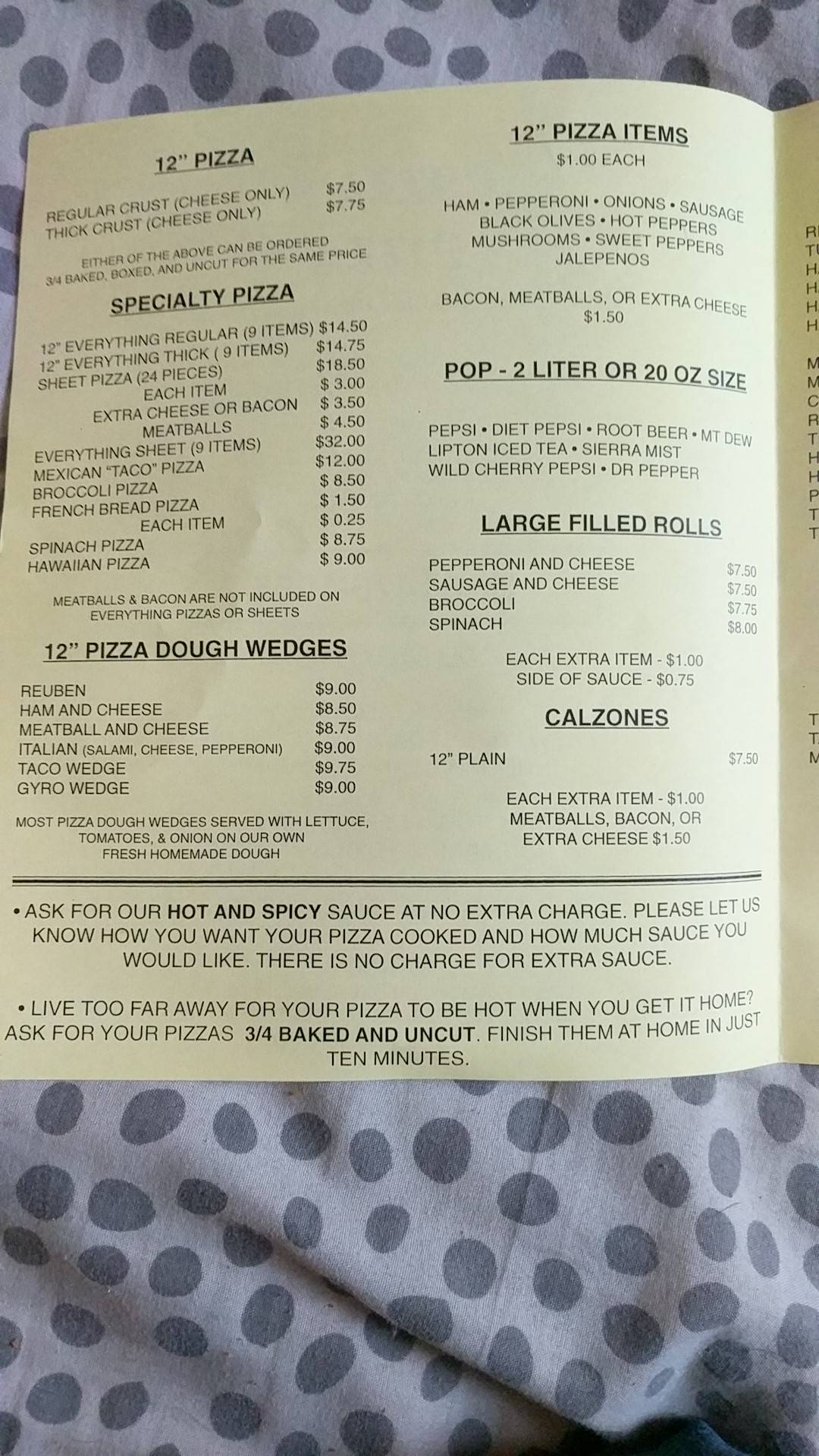 Menu at Cozza's Pizza Shop pizzeria, East Palestine