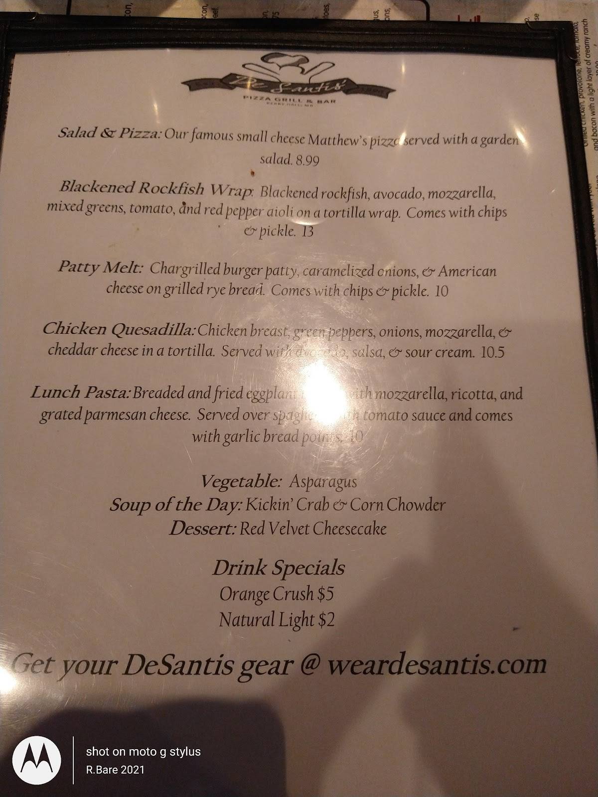 Menu at Desantis Pizza Grill & Bar, Perry Hall