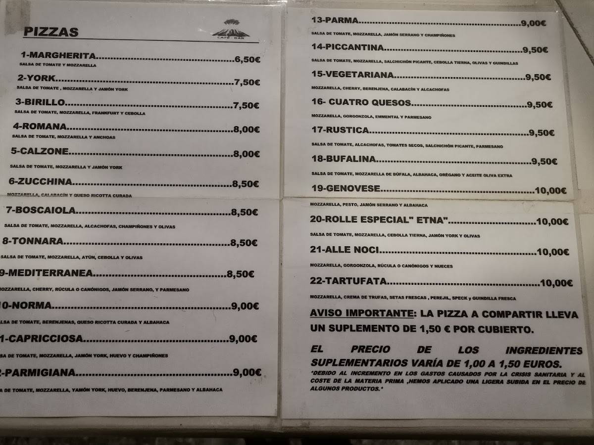 Carta de Pizzeria ETNA, Águilas