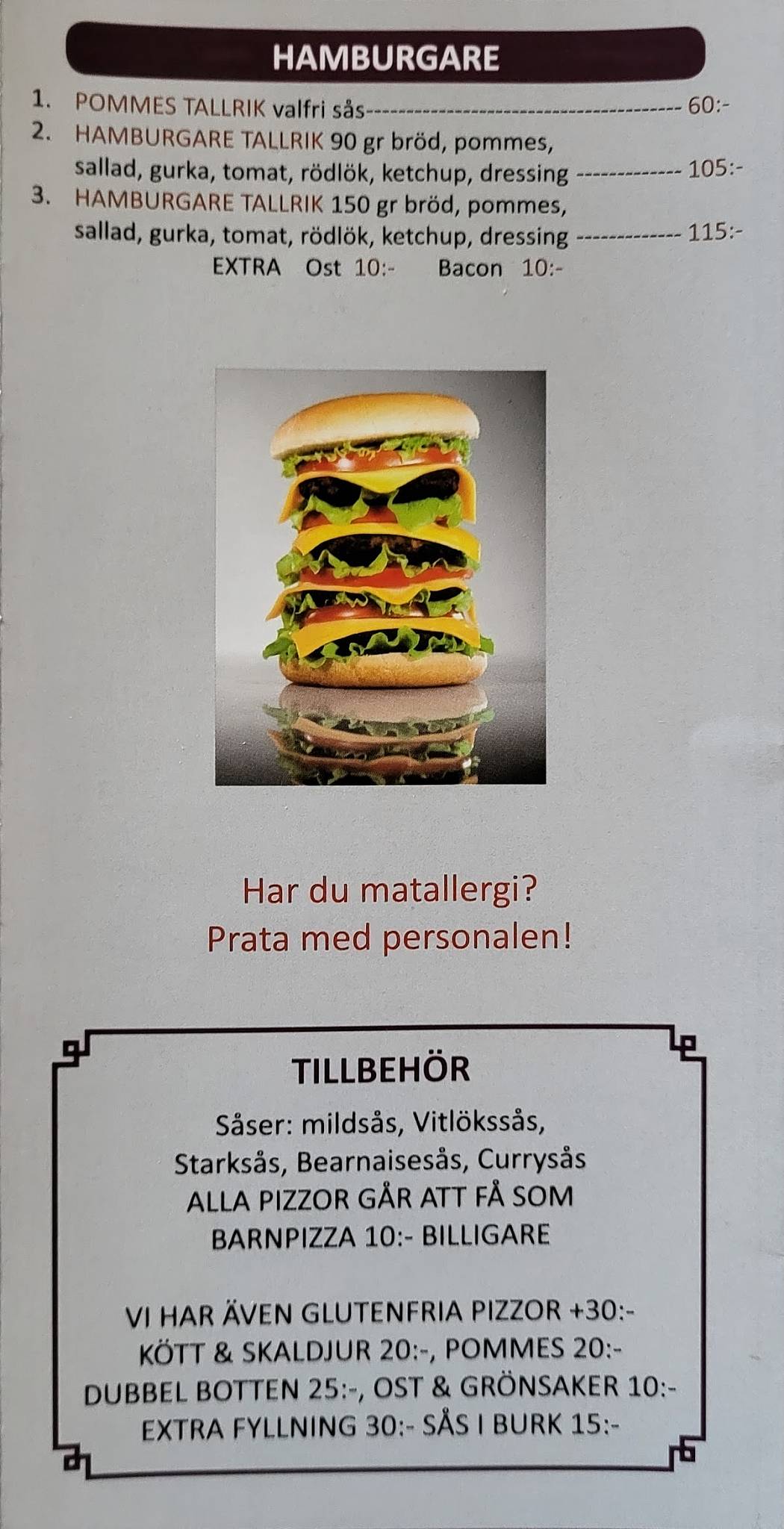 Menu at Pizzeria Ferrari, Mölnlycke