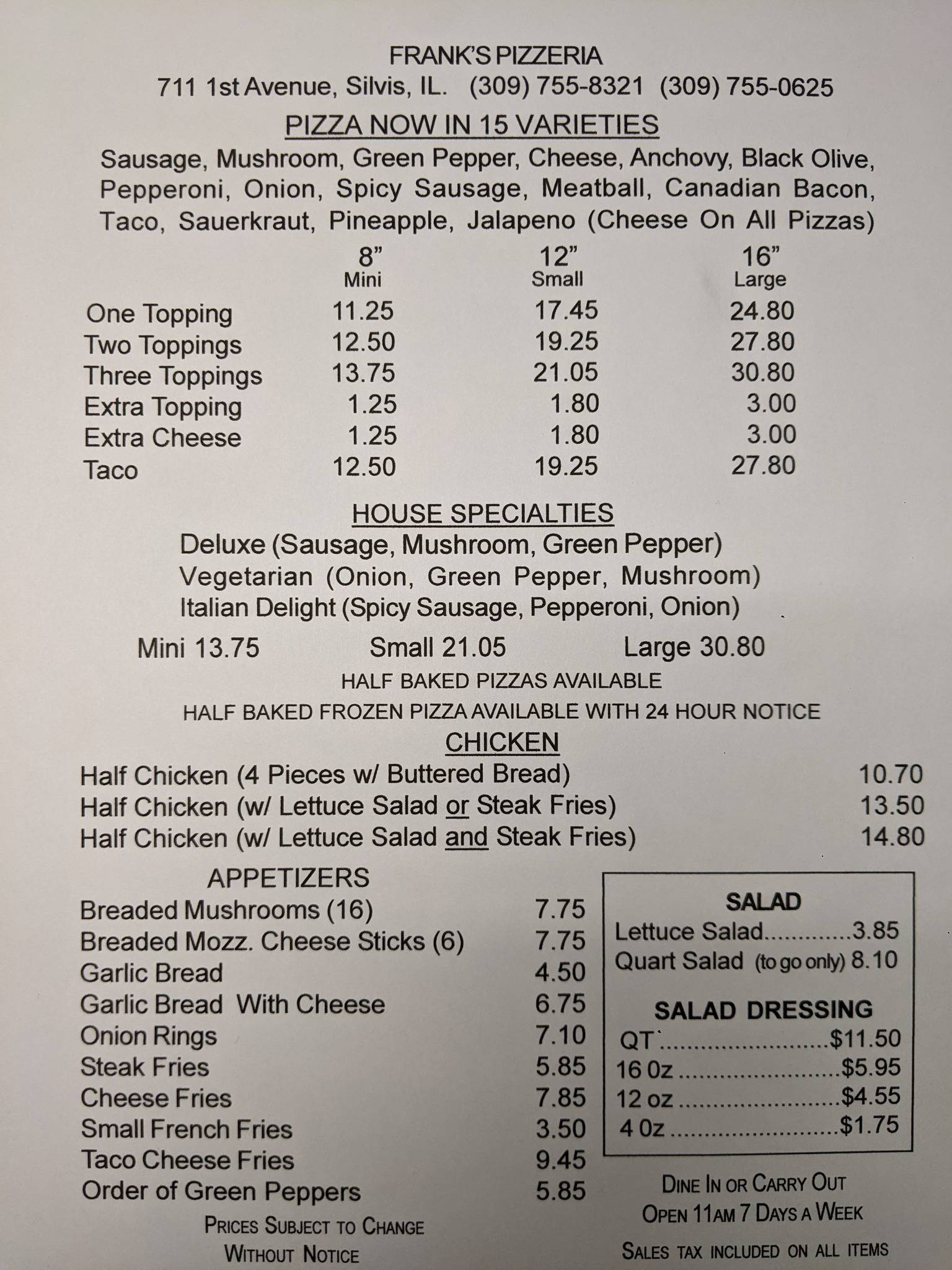 Menu at Frank's Pizzeria, Silvis