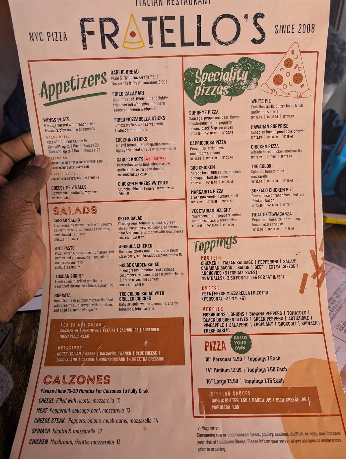 Menu at Fratello's pizzeria, Spartanburg