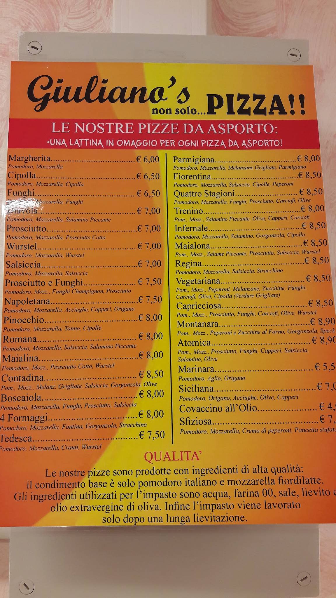 Menu da Giuliano's Pizzeria, Firenze