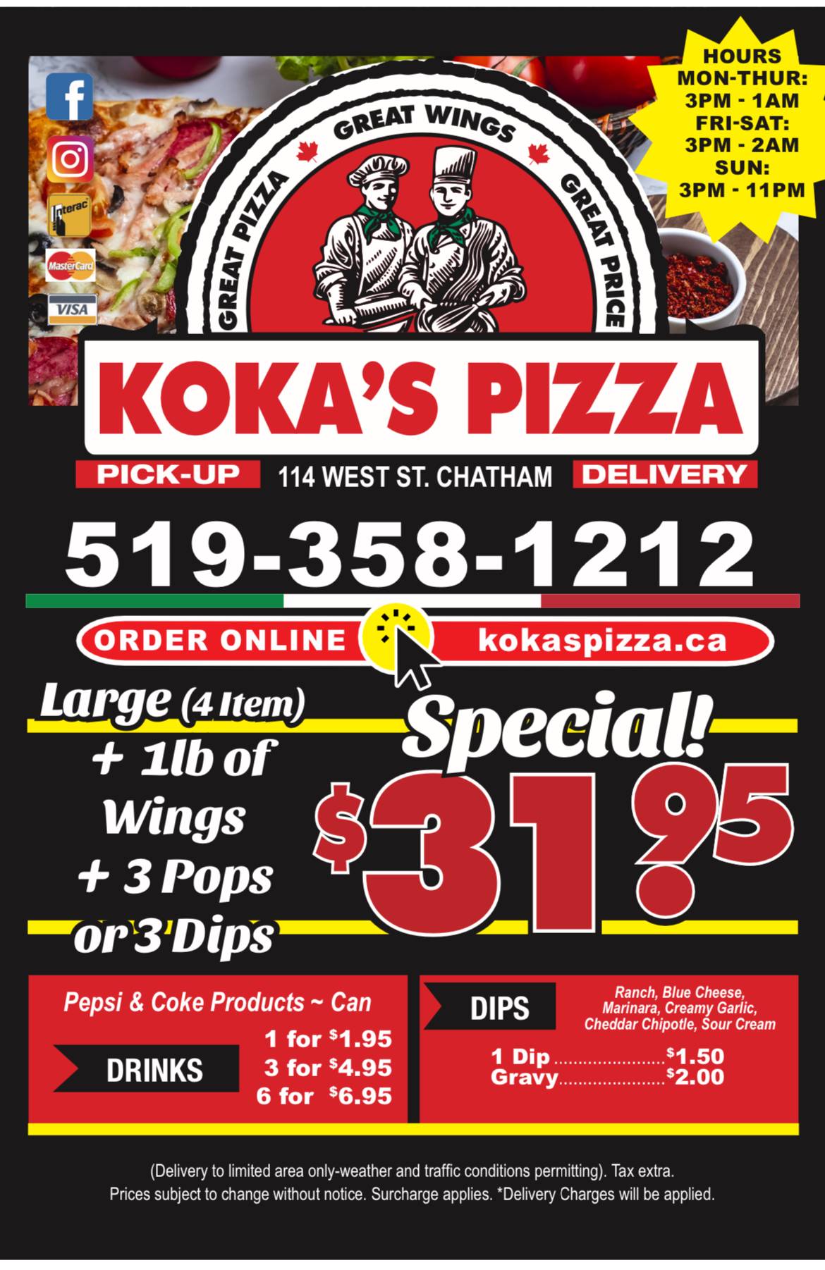 Menu at Koka's Pizza pizzeria, Chatham-Kent