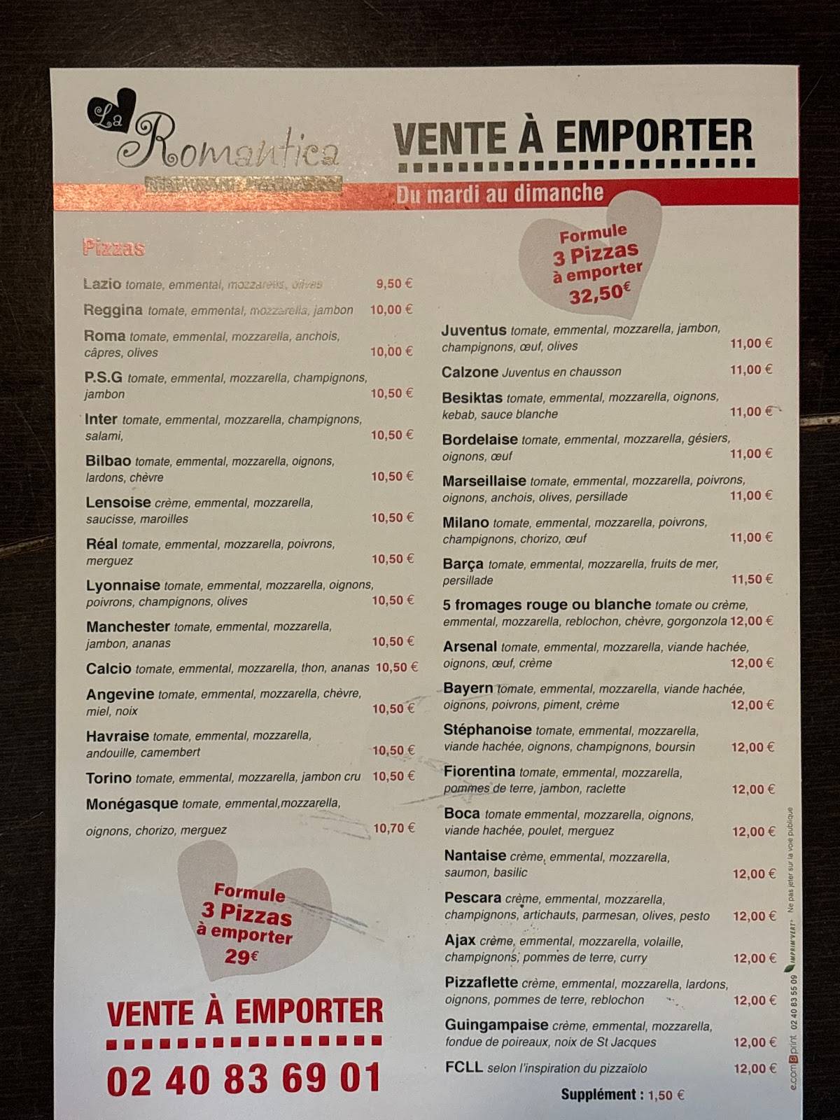 Menu au La Romantica pizzeria, Saint-Laurent-des-Autels