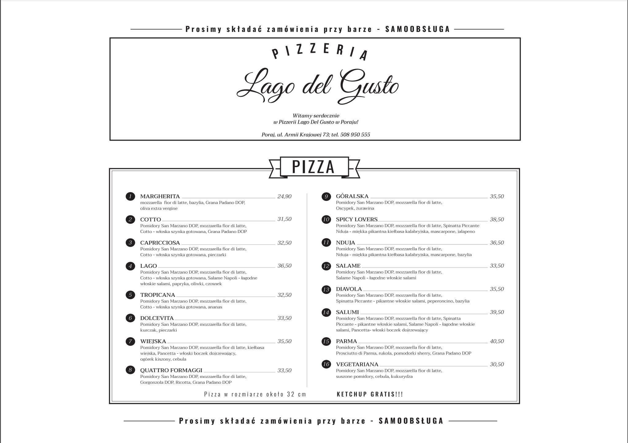 Menu at Lago Del Gusto pizzeria, Poraj