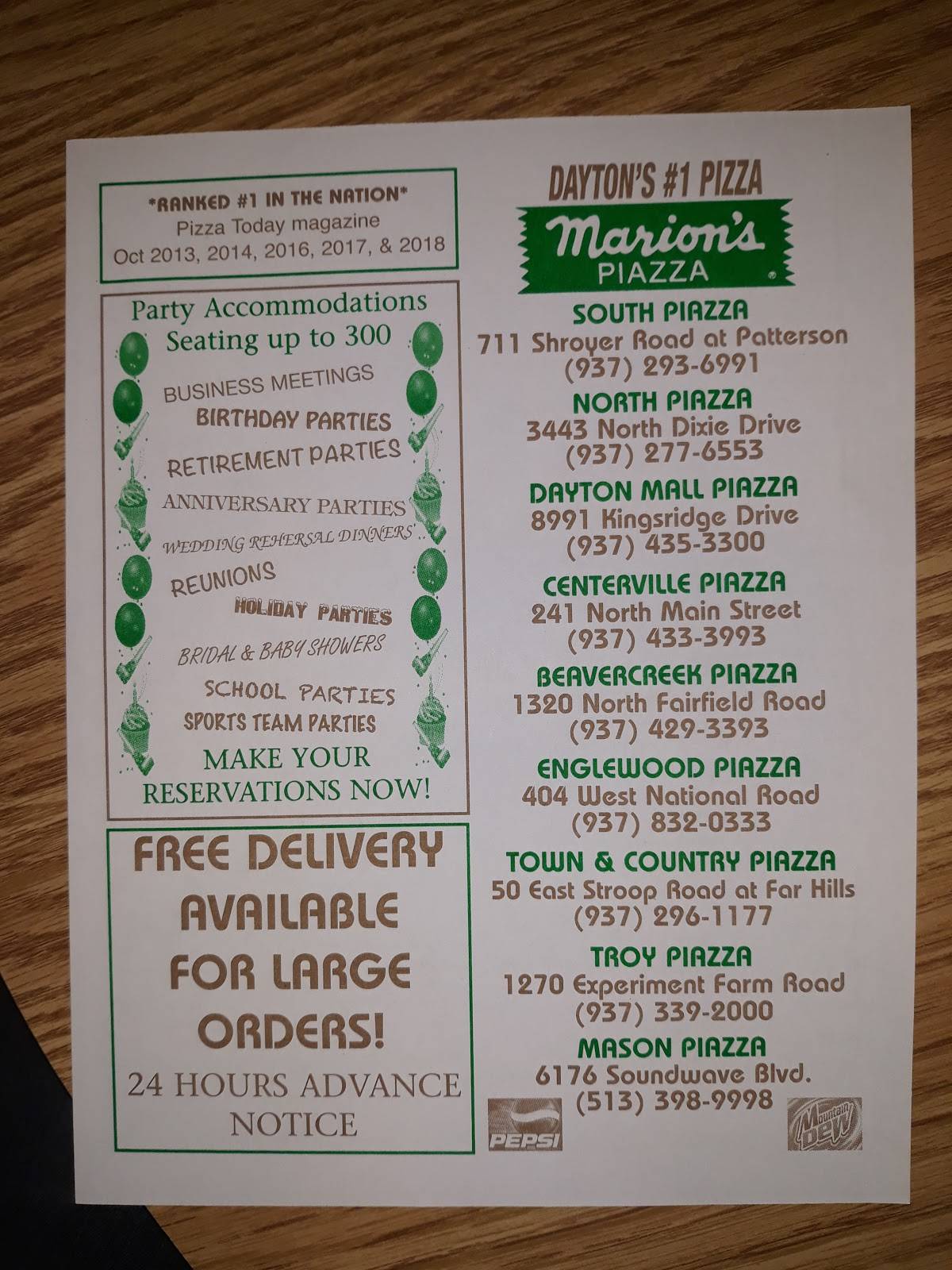 Menu at Marion's Piazza pizzeria, Dayton, 711 Shroyer Rd