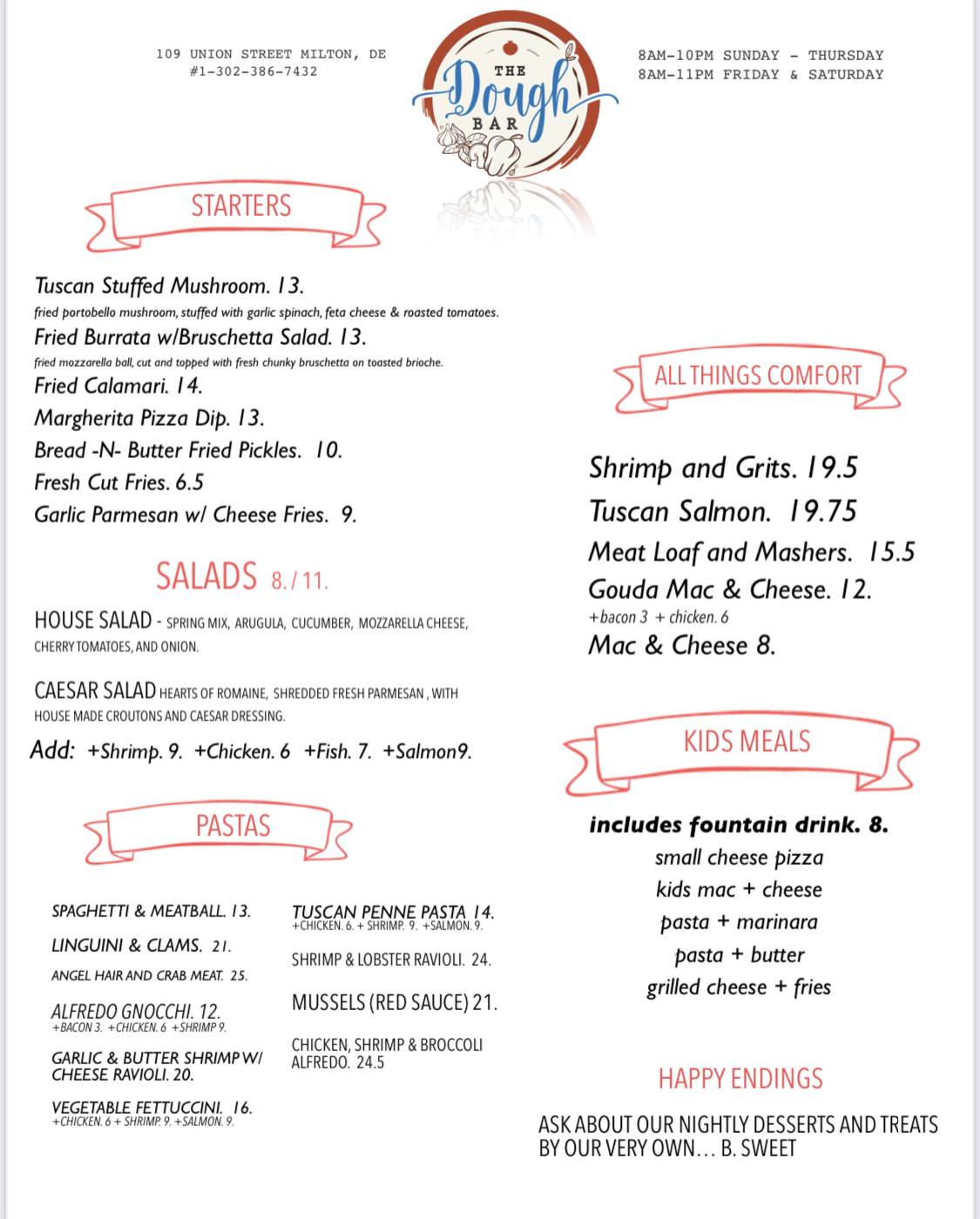 Menu at Milton Dough Bar, Milton