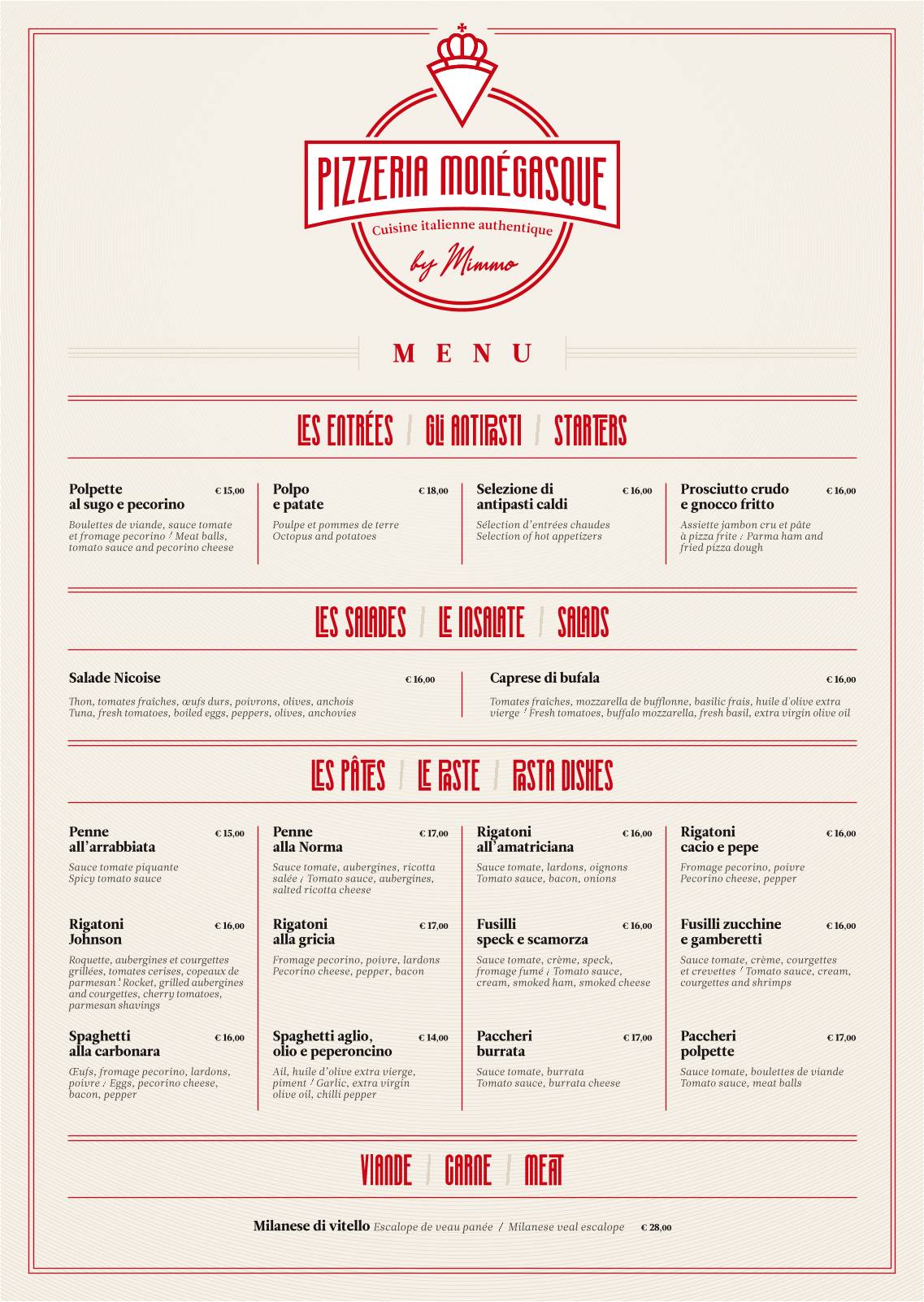 Menu at Pizzeria Monégasque by Mimmo, Monaco-Ville