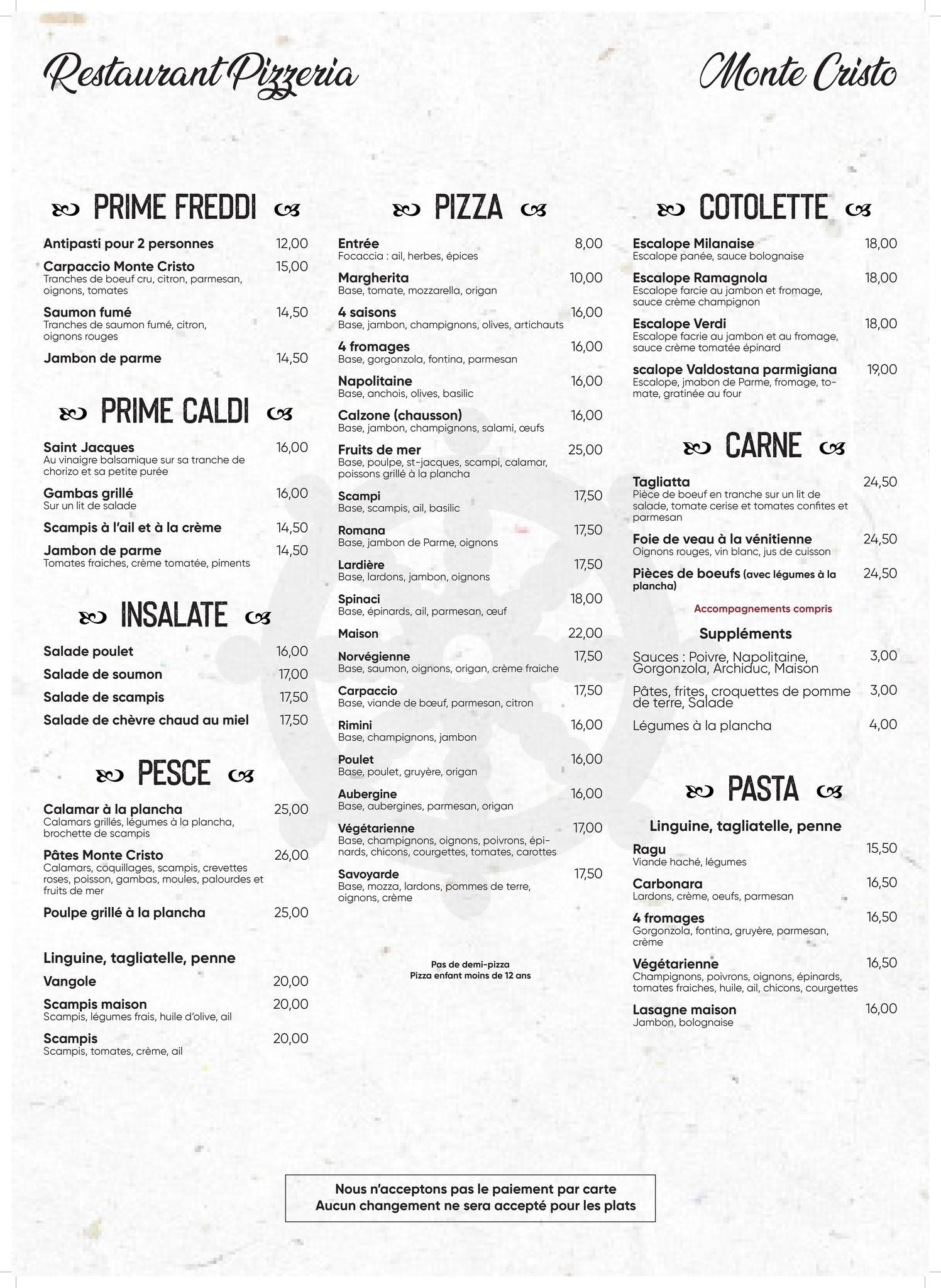 Menu au MONTE CRISTO, Tournai