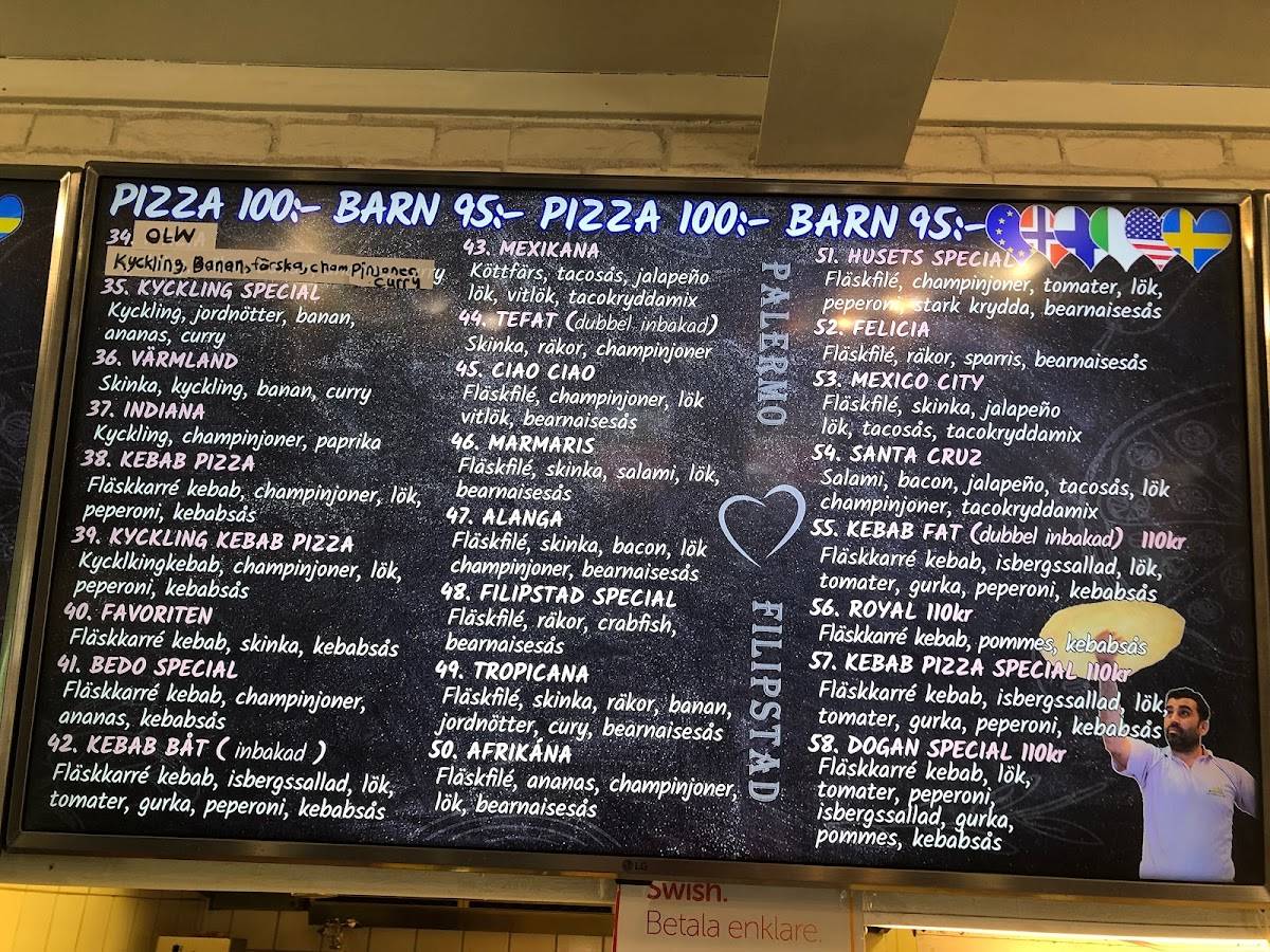 Menu at Pizzeria Palermo, Filipstad