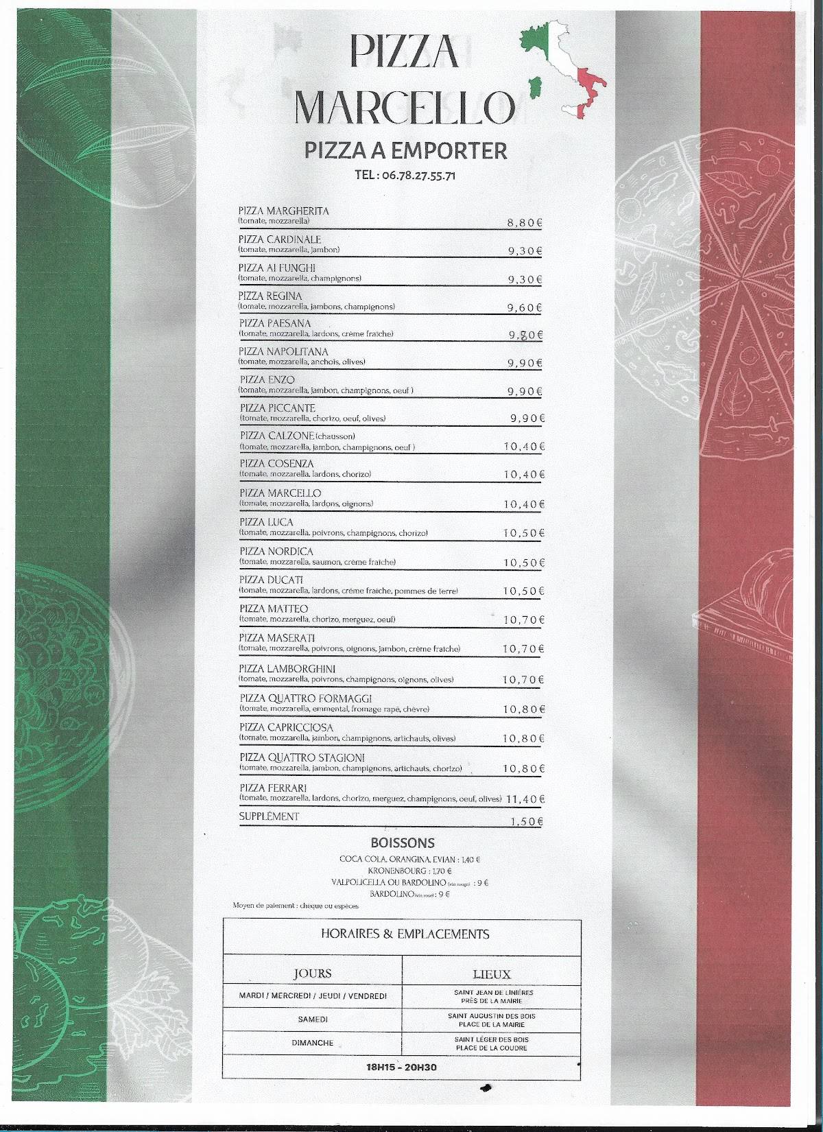 Menu au Pizza Marcello pizzeria, France