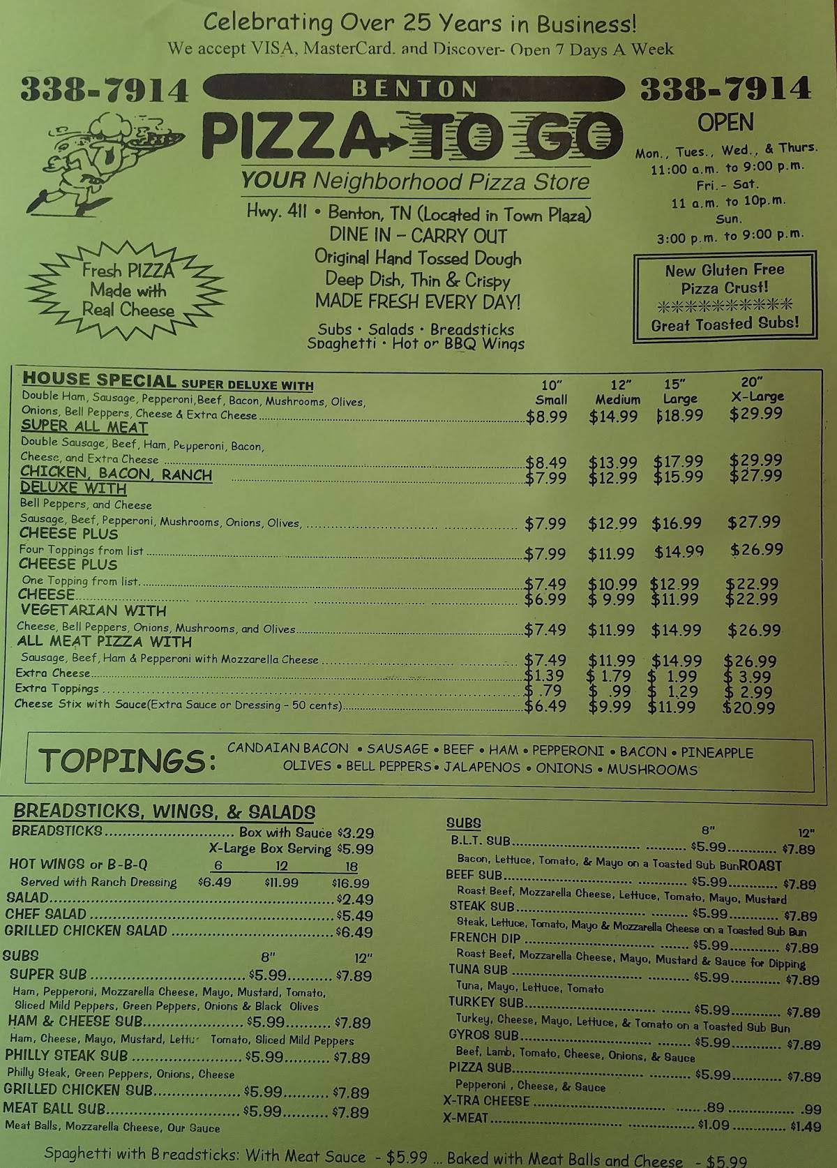 Menu at Chester’s Pizza & Subs To Go pizzeria, Benton