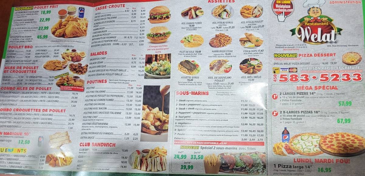 Menu au Pizza Welat - Verchères pizzeria, Canada