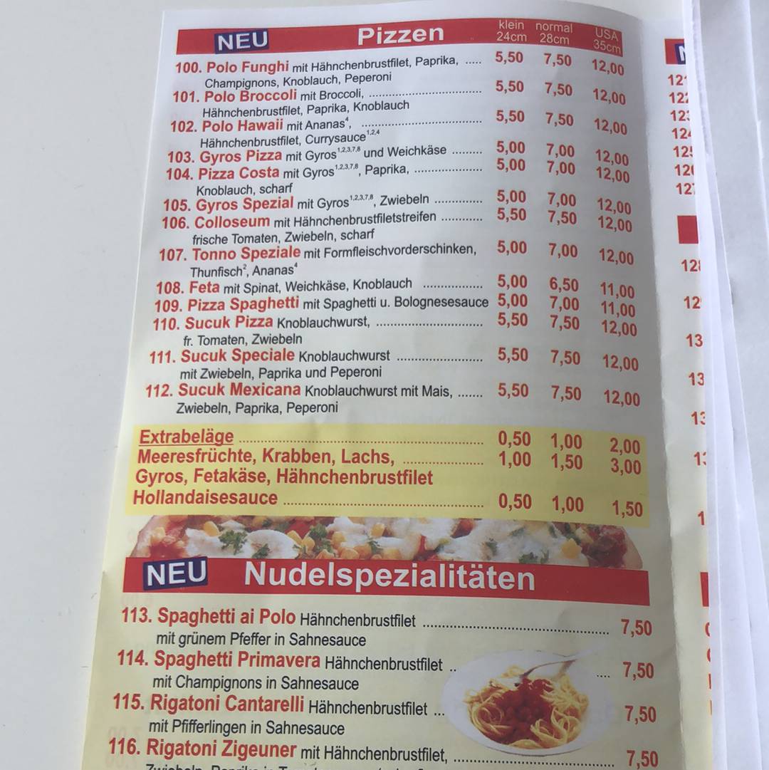 Menu at Pizzeria La Pavia, Duisburg