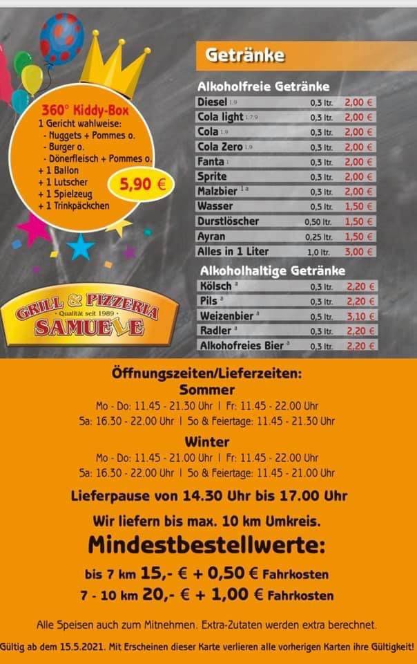 Speisekarte von Pizzeria Samuele, Neunkirchen-Seelscheid, Hauptstraße 64A