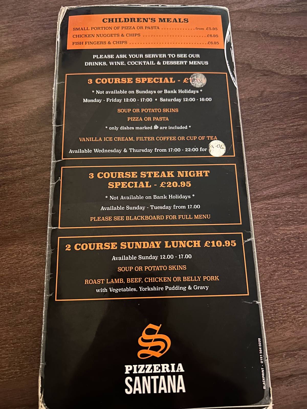 Menu at Pizzeria Santana, Newcastle upon Tyne, 131-133 Jesmond Rd