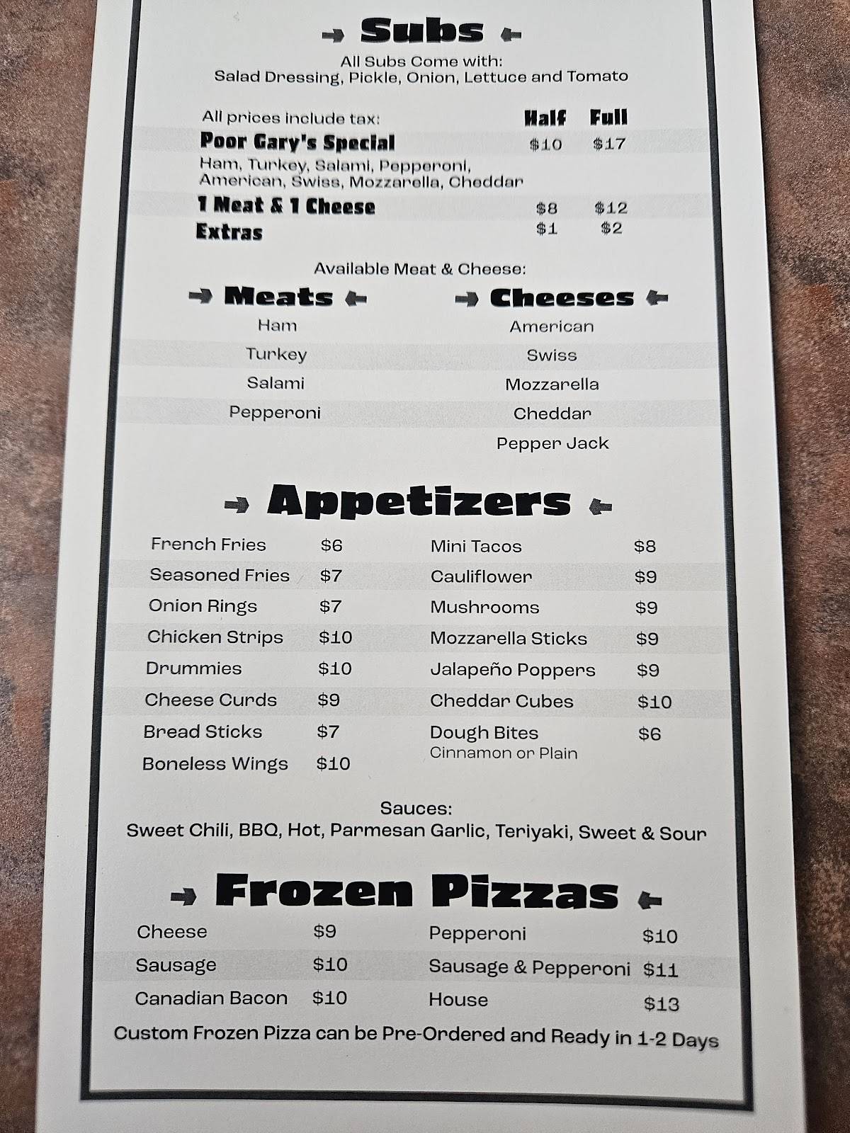 Menu at Poor Gary's Pizza Of Eveleth pizzeria, Eveleth