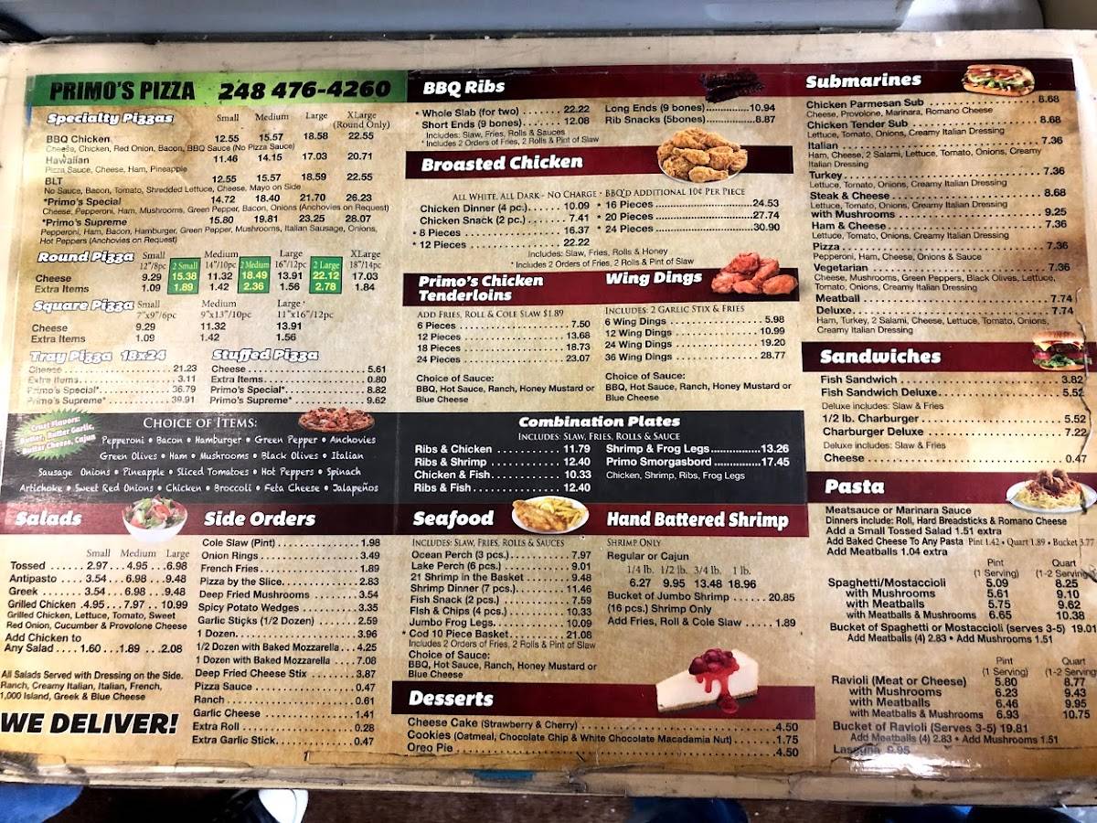 Menu at Primo's Pizzeria, Livonia, W Seven Mile Rd