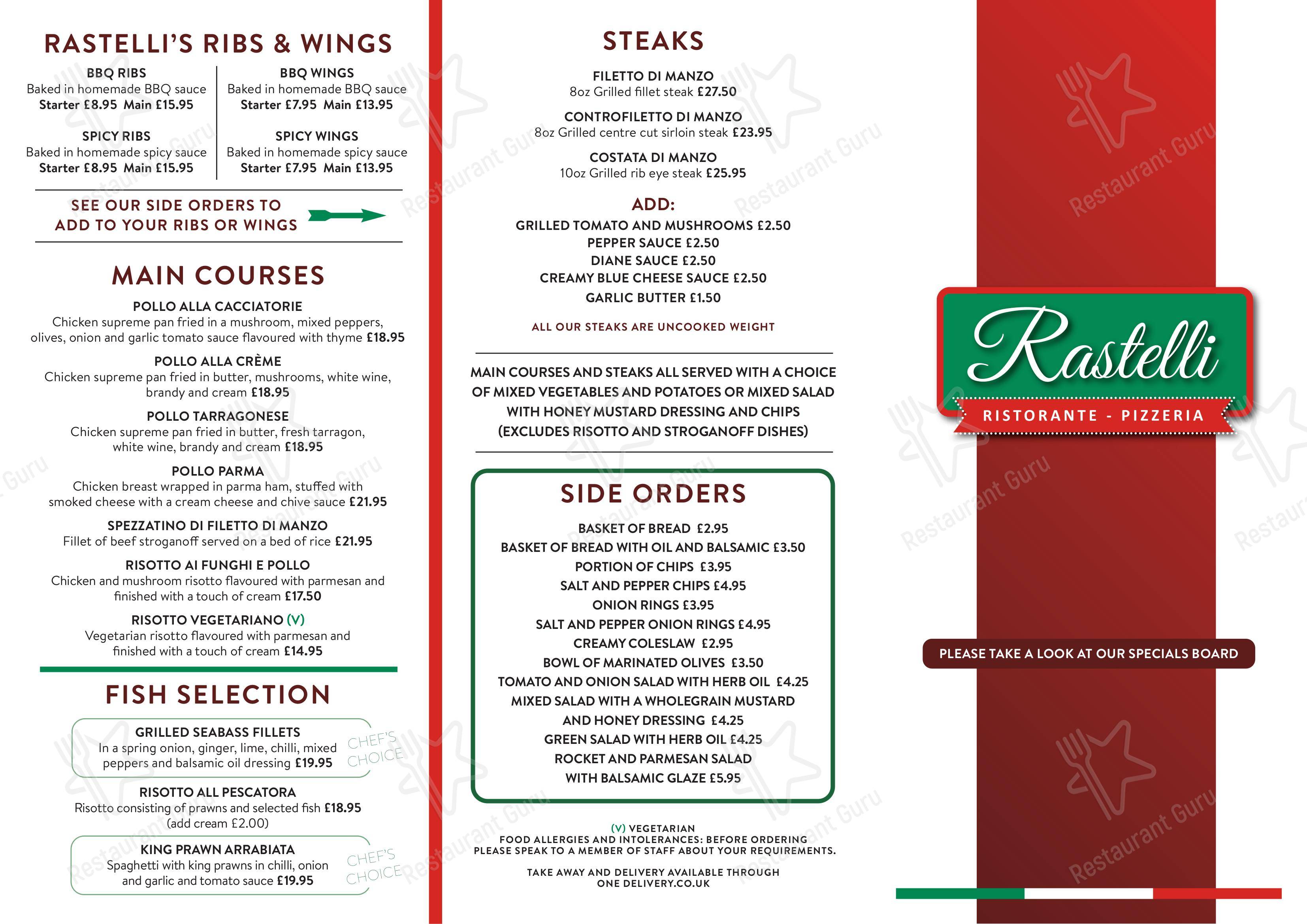 Menu at Rastelli's Pizzeria, Bowness-on-Windermere