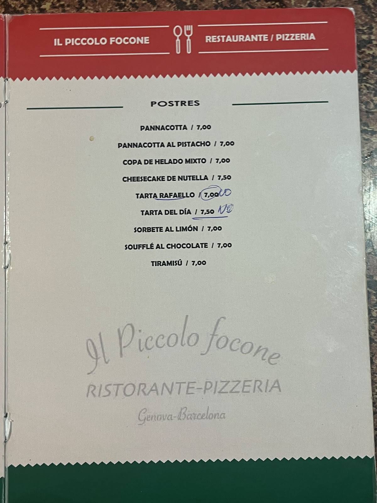 Carta de Ristorante Pizzeria Il Piccolo Focone, Barcelona