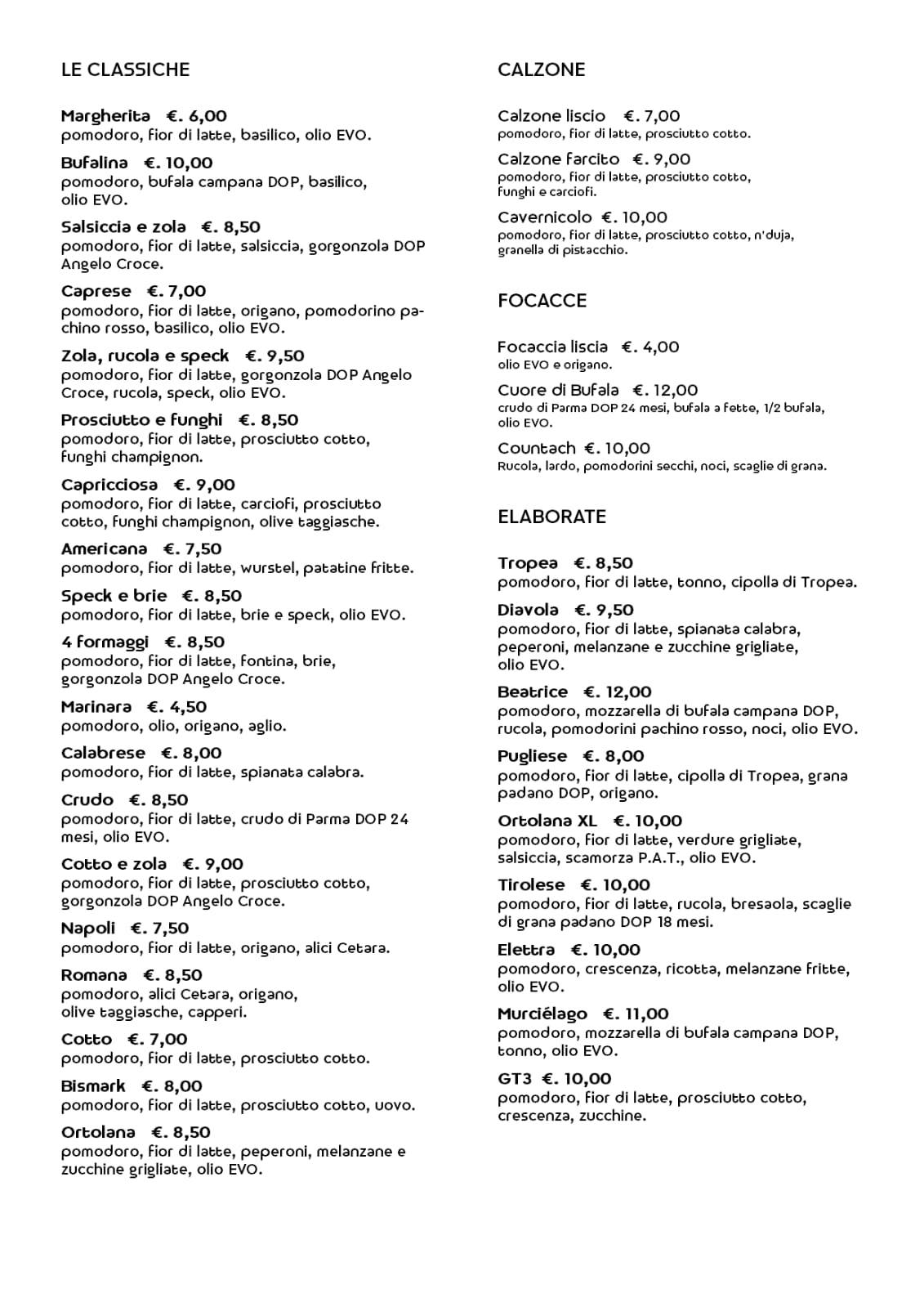 Menu da Pizzeria Sesto Elemento, Monteleone