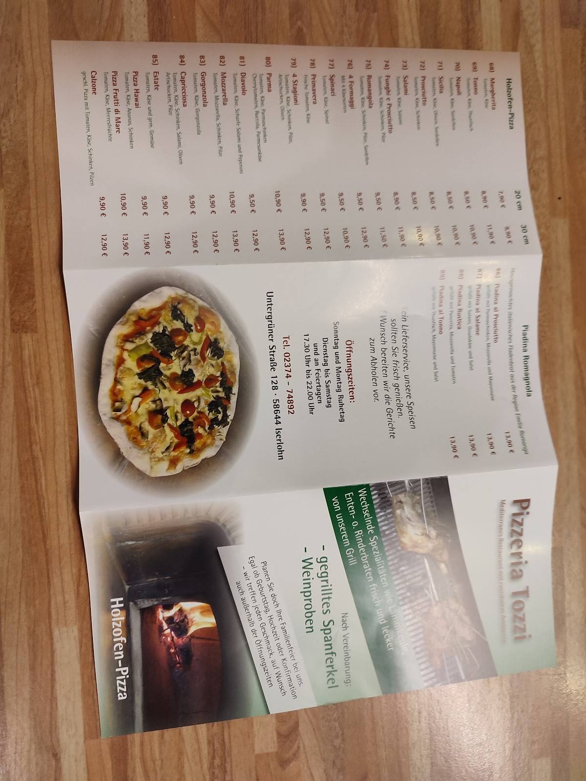 Speisekarte von Pizzeria Tozzi, Iserlohn, Untergrüner Straße 128