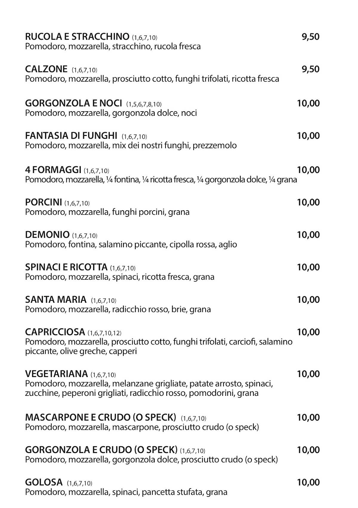 Menu da Tutti Gusti pizzeria, Verona