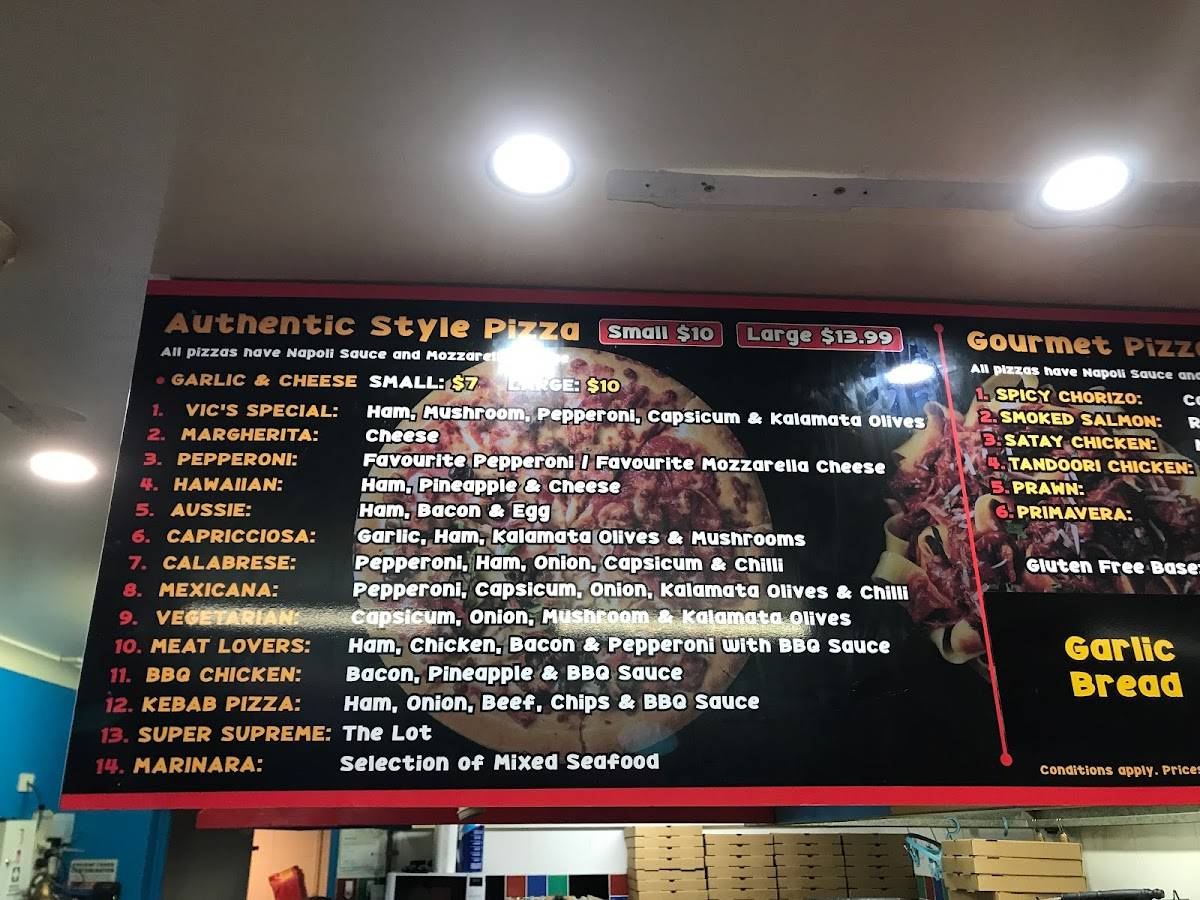 Menu at Vic’s Fat Pizza pizzeria, Bathurst