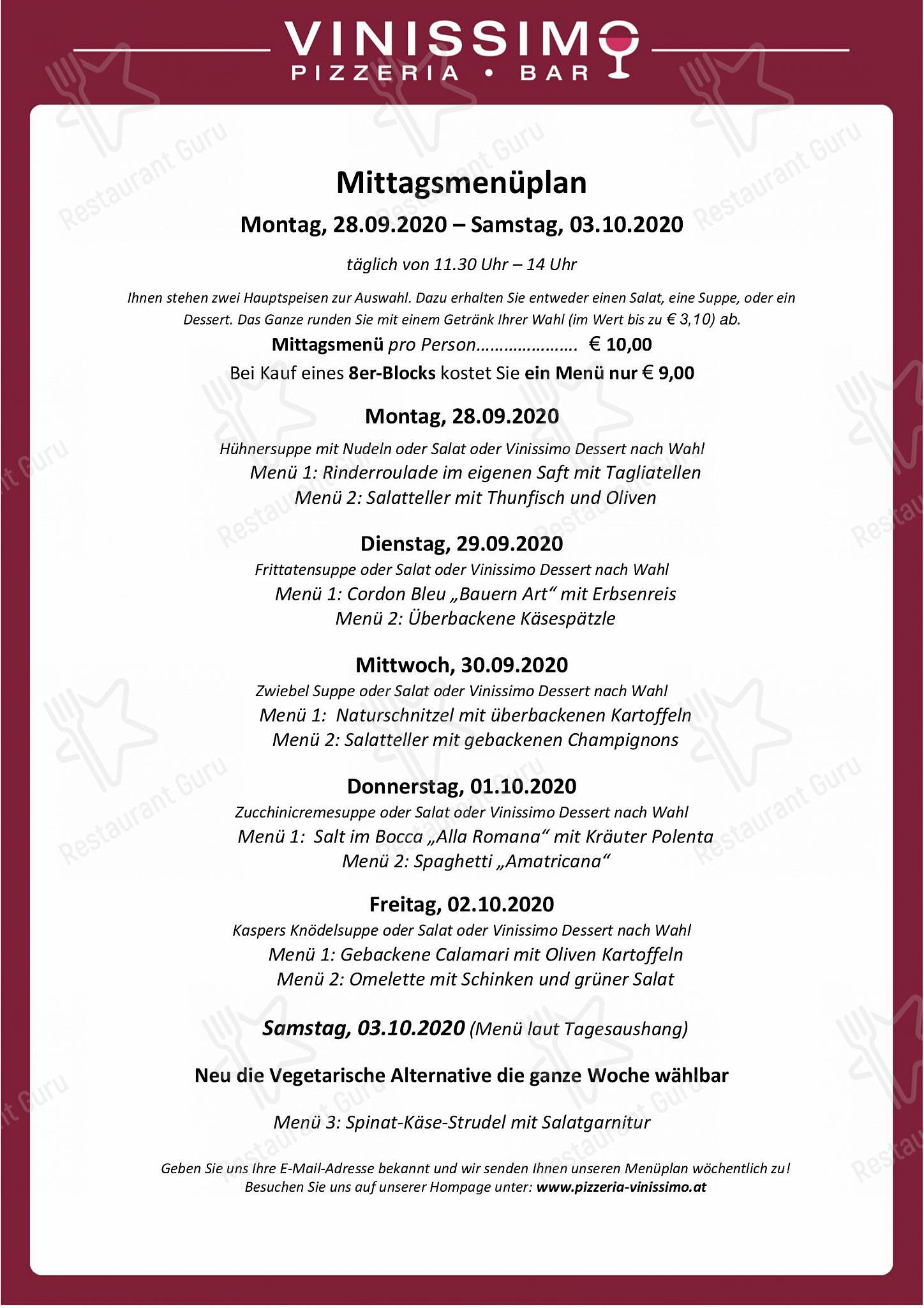 Speisekarte von Pizzeria Vinissimo, Hermagor