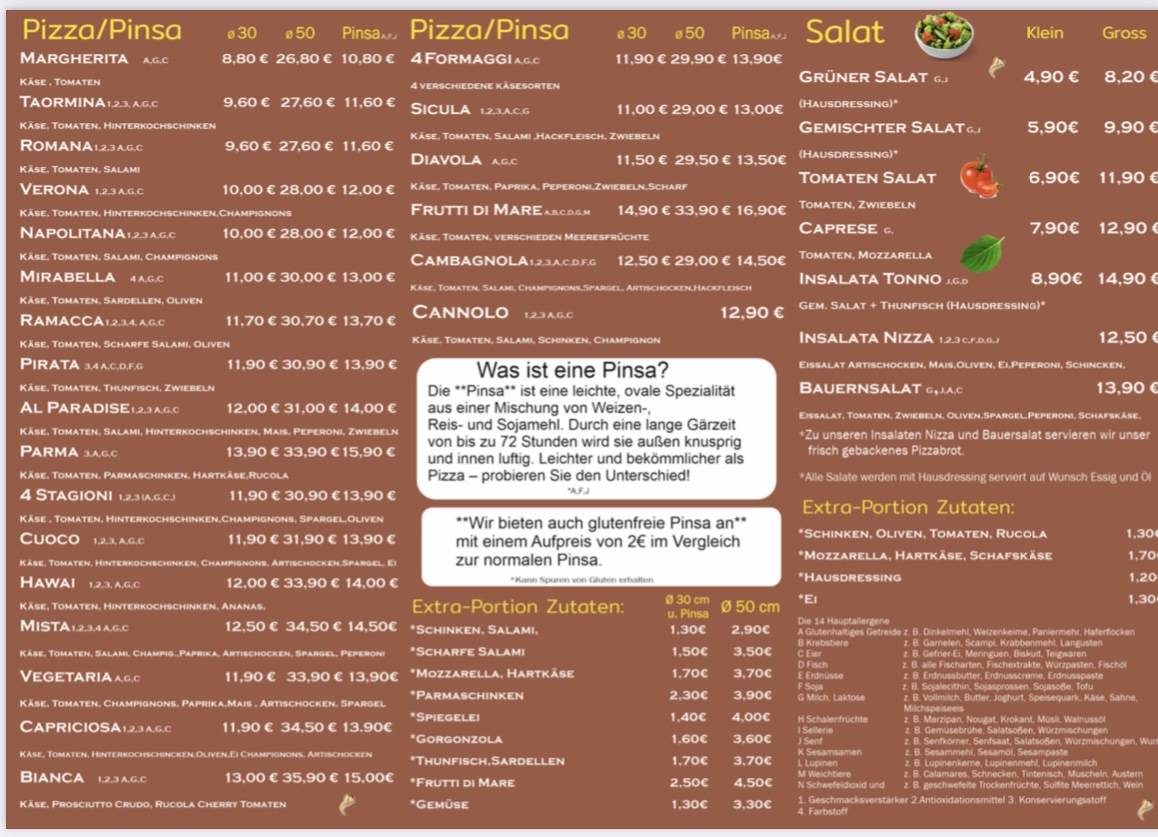 Speisekarte von Pizzeria & Pinseria Al Paradise, Aldingen