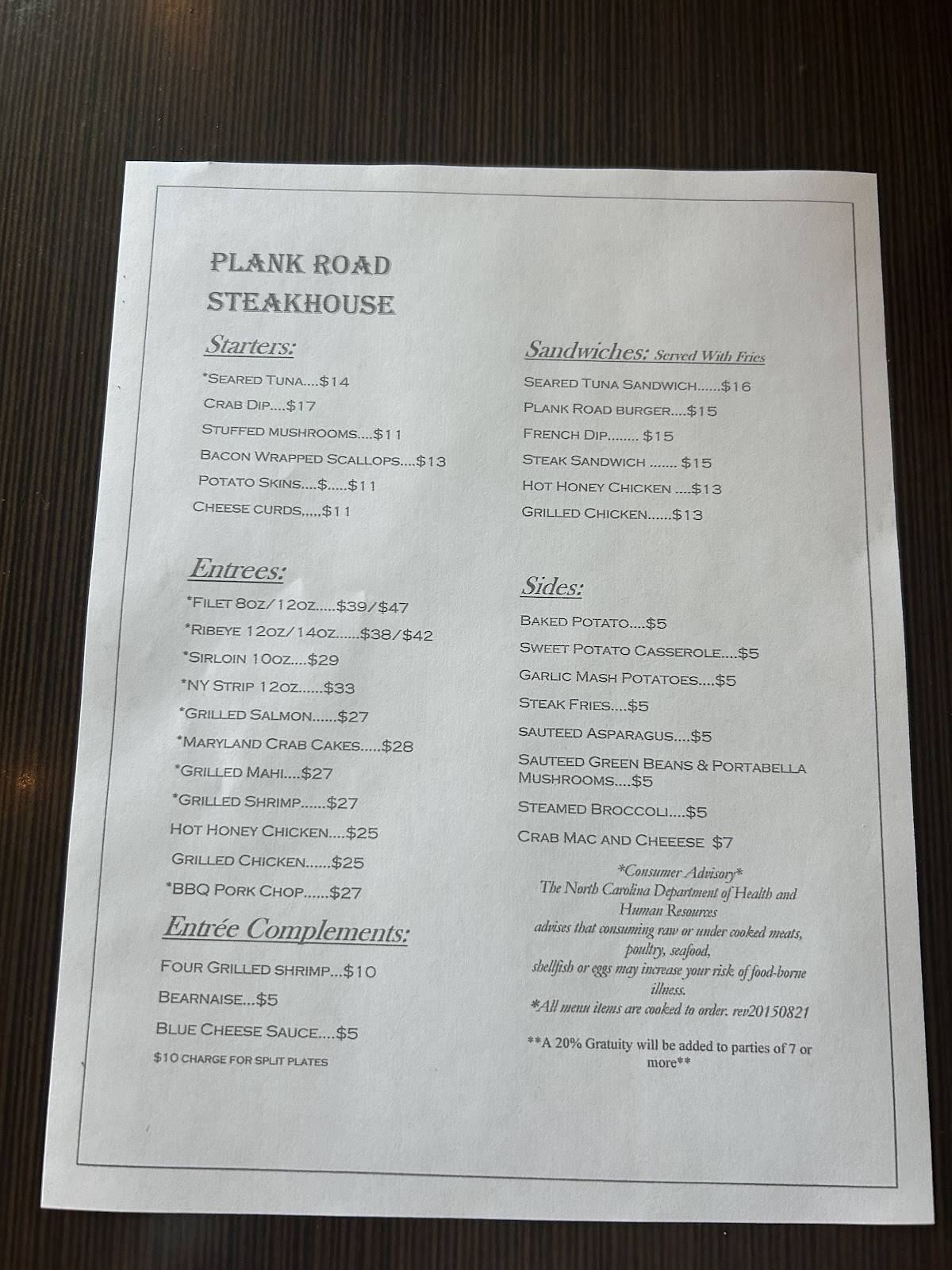 Menu at Plank Road Steak House steakhouse, Farmville