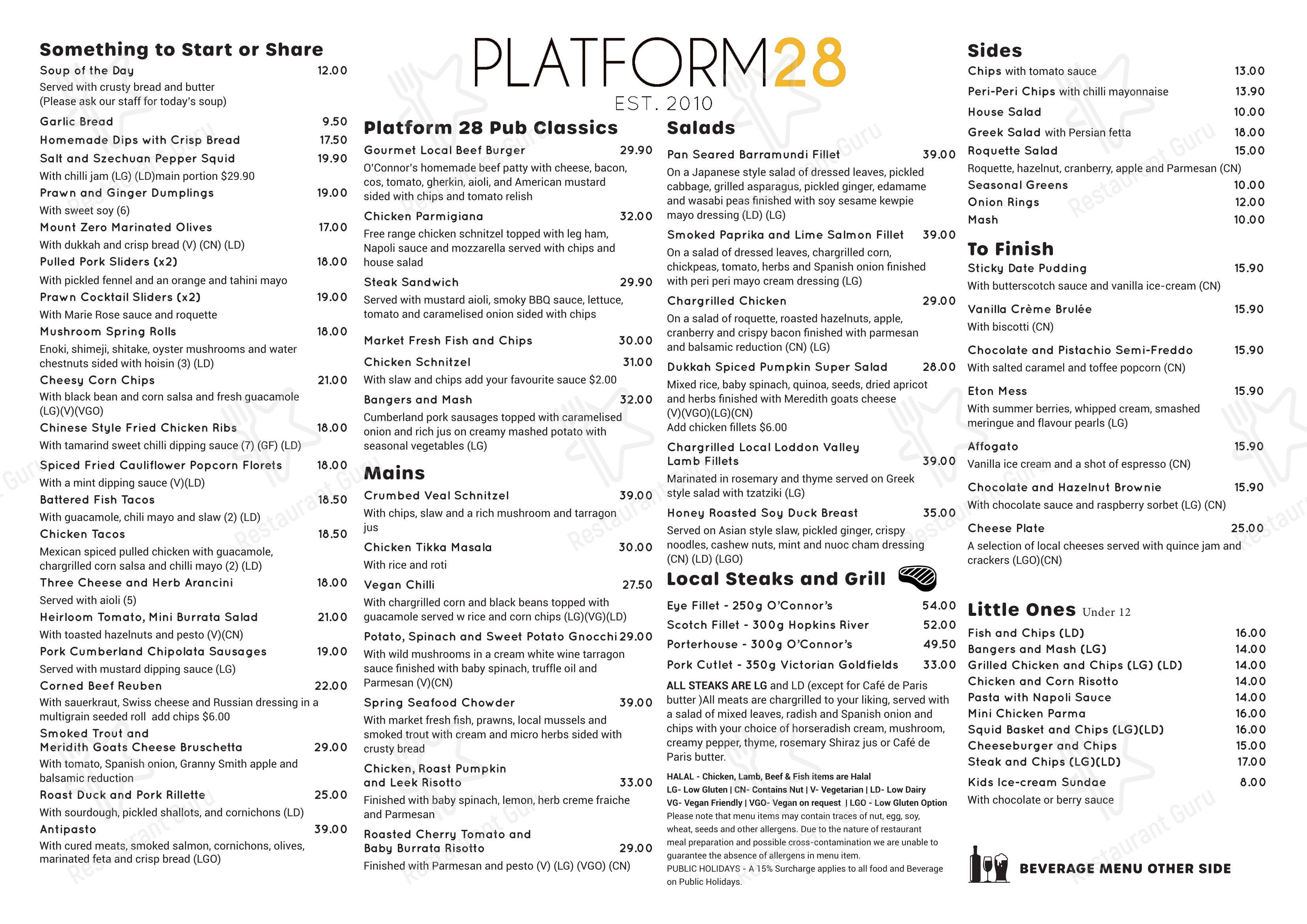 Menu at Platform 28 restaurant, Docklands